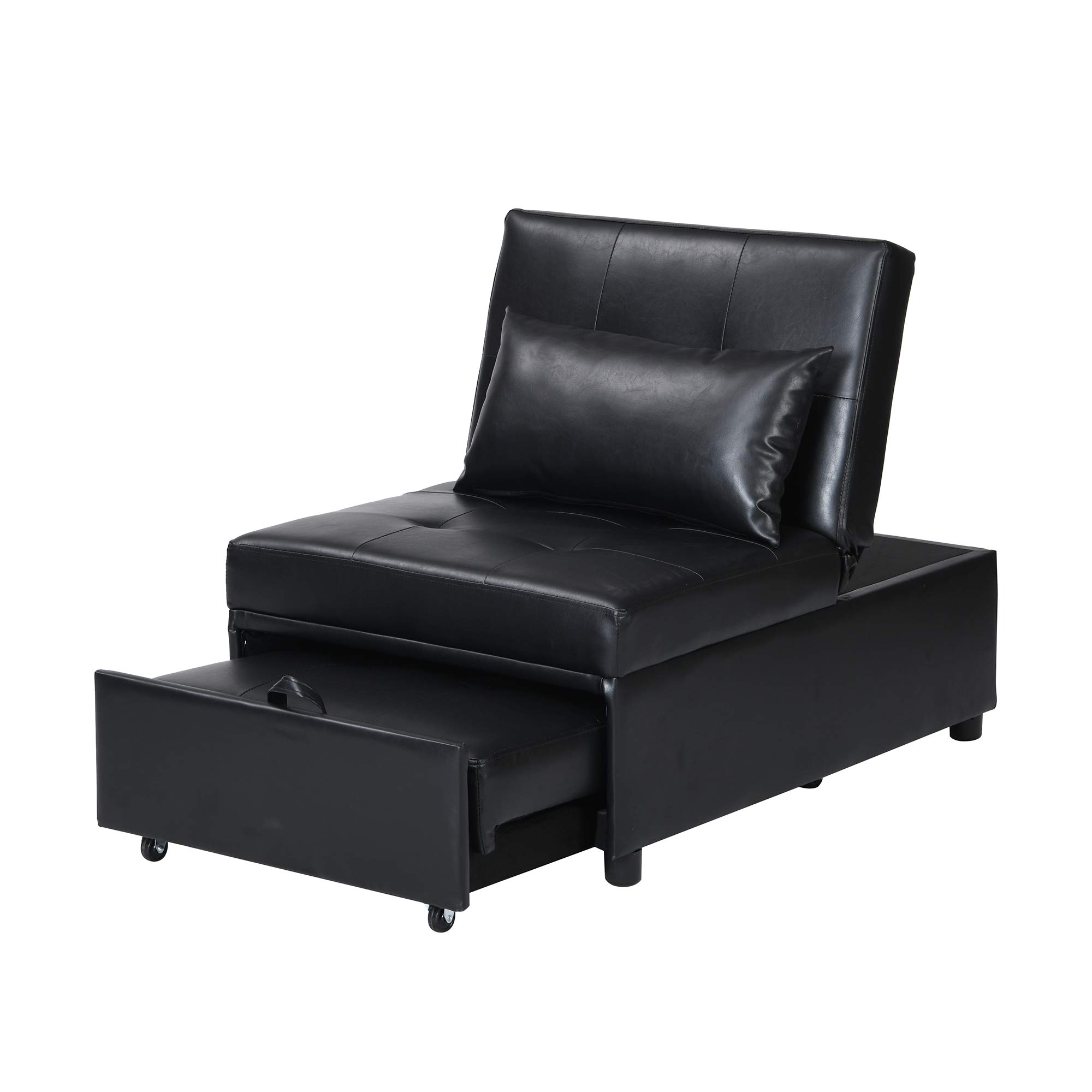HABITRIO 4-in-1 Sofa with Pull-Out Sleeper, Solid Wood Frame Button Tufted Black PU Upholstered Sofa Couch with Pillow, Work as Ottoman, Lounge Chair, Seat Couch and Bed, Fit for Living Room, Bedroom