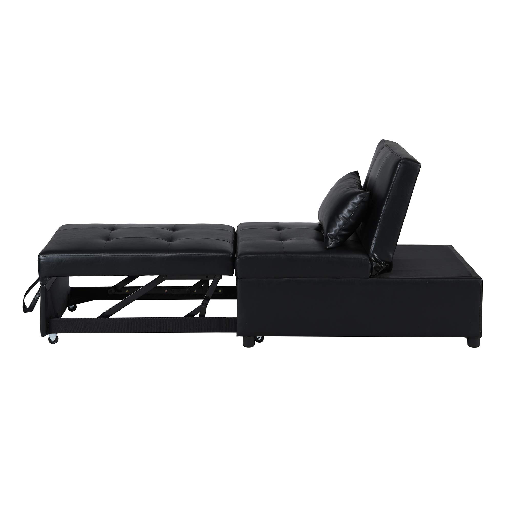 HABITRIO 4-in-1 Sofa with Pull-Out Sleeper, Solid Wood Frame Button Tufted Black PU Upholstered Sofa Couch with Pillow, Work as Ottoman, Lounge Chair, Seat Couch and Bed, Fit for Living Room, Bedroom