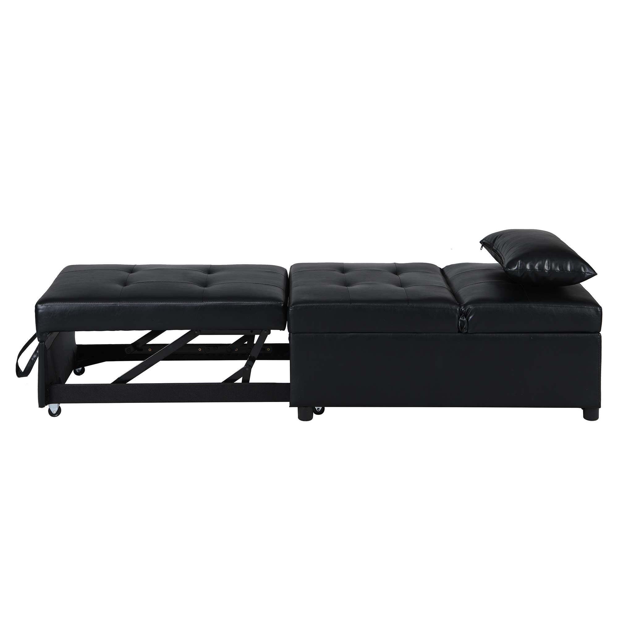 HABITRIO 4-in-1 Sofa with Pull-Out Sleeper, Solid Wood Frame Button Tufted Black PU Upholstered Sofa Couch with Pillow, Work as Ottoman, Lounge Chair, Seat Couch and Bed, Fit for Living Room, Bedroom