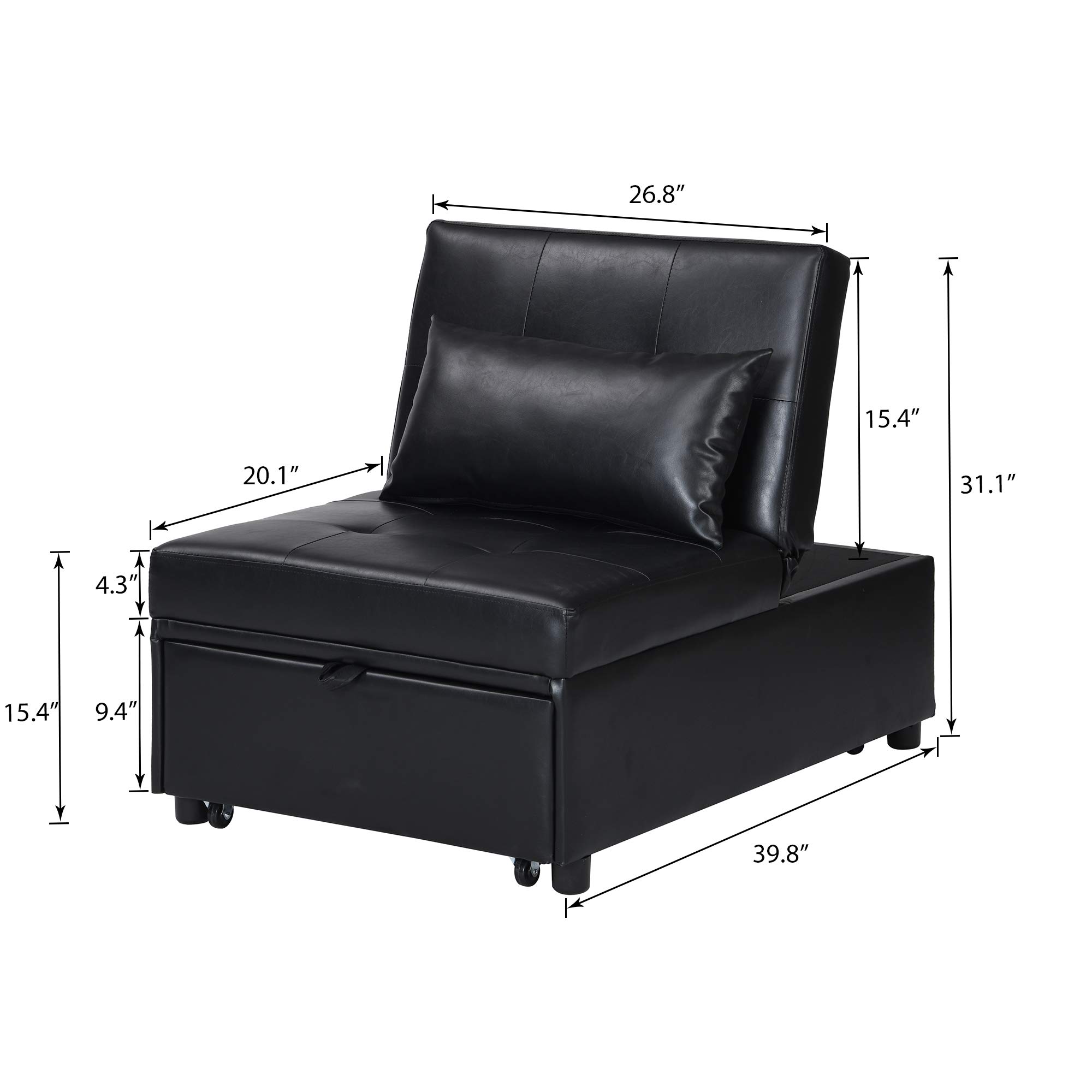 HABITRIO 4-in-1 Sofa with Pull-Out Sleeper, Solid Wood Frame Button Tufted Black PU Upholstered Sofa Couch with Pillow, Work as Ottoman, Lounge Chair, Seat Couch and Bed, Fit for Living Room, Bedroom