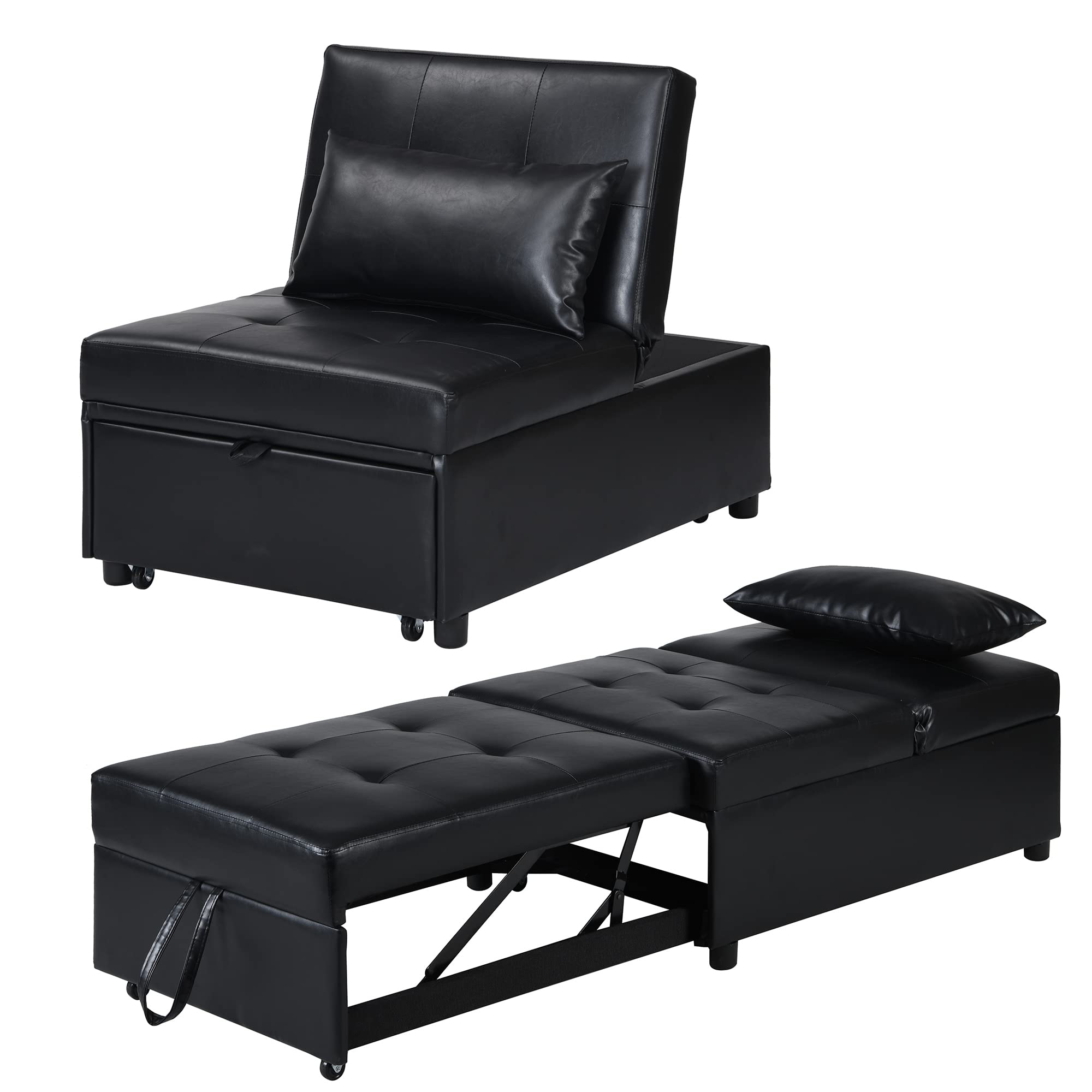 HABITRIO 4-in-1 Sofa with Pull-Out Sleeper, Solid Wood Frame Button Tufted Black PU Upholstered Sofa Couch with Pillow, Work as Ottoman, Lounge Chair, Seat Couch and Bed, Fit for Living Room, Bedroom