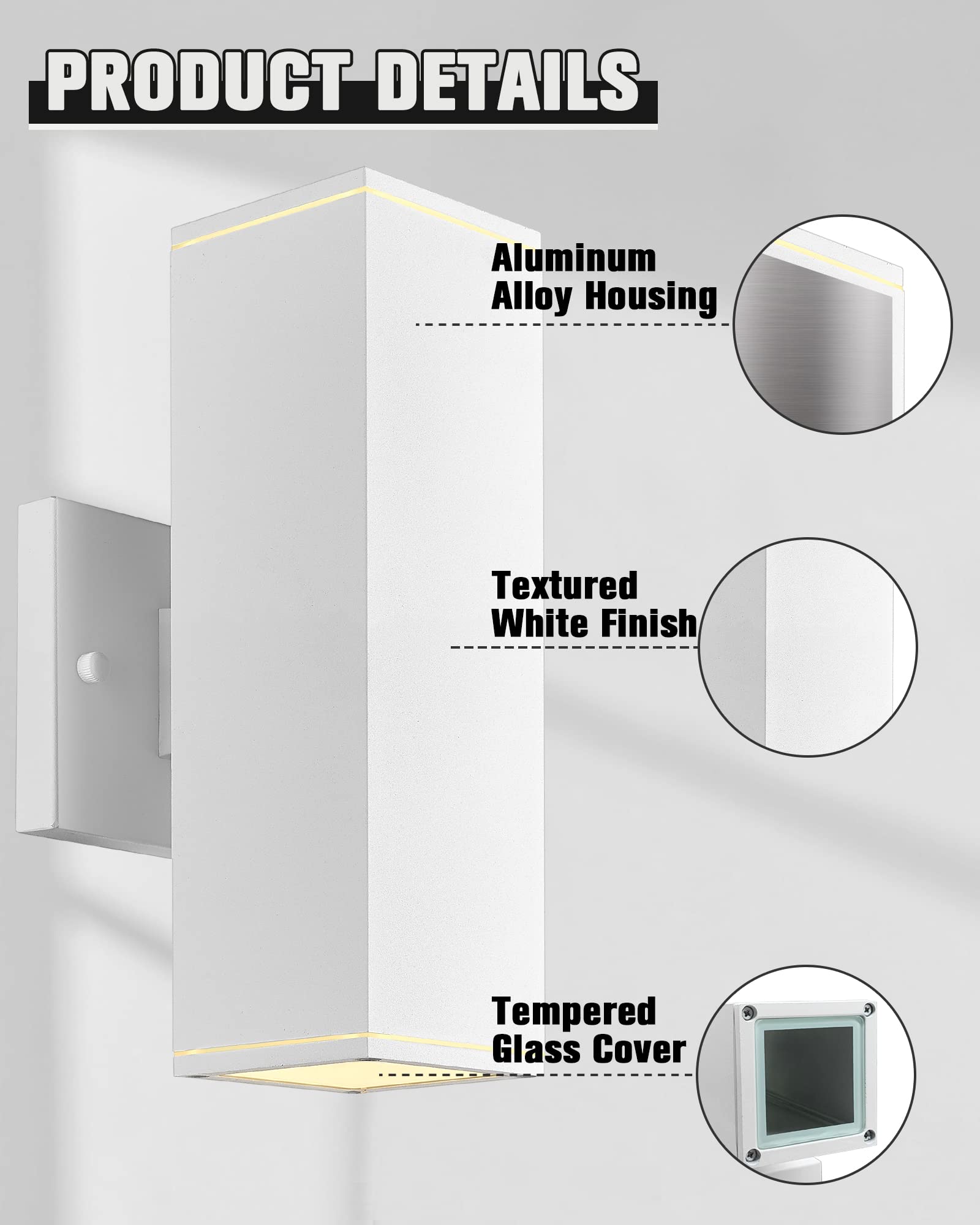 Ken & Ricky Outdoor Wall Lights, Modern Exterior Up and Down Wall Sconces, Square Porch Lights Outdoor Wall with Sanded White Finish - 2 Pack