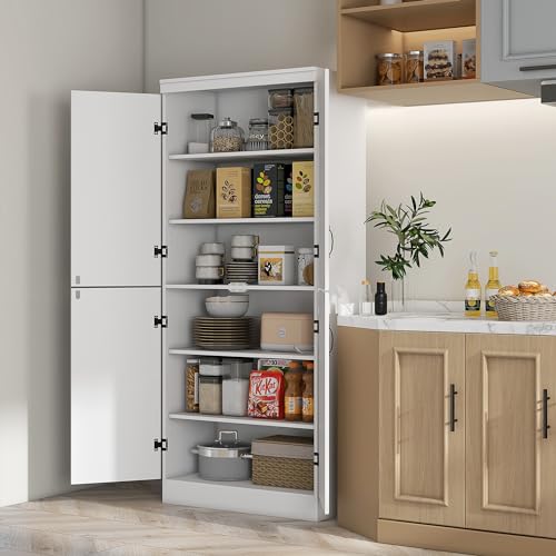 HOMCOM 70" Kitchen Pantry Cabinet, Freestanding Storage Cabinet with 4 Doors and 2 Adjustable Shelves for Dining Room, White