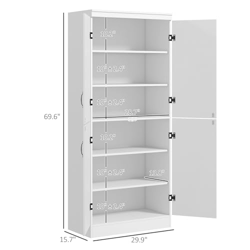 HOMCOM 70" Kitchen Pantry Cabinet, Freestanding Storage Cabinet with 4 Doors and 2 Adjustable Shelves for Dining Room, White