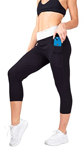 Blis Workout Leggings for Women Fold Over Maternity Leggings Yoga Pants for Women Capri Length 3 Packs Available Black/White Small