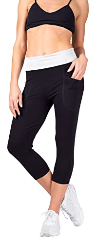 Blis Workout Leggings for Women Fold Over Maternity Leggings Yoga Pants for Women Capri Length 3 Packs Available Black/White Small