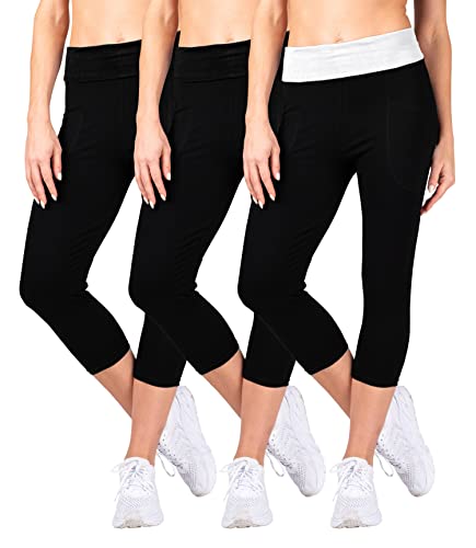 Blis Workout Leggings for Women Fold Over Maternity Leggings Yoga Pants for Women Capri Length 3 Packs Available Black/White Small