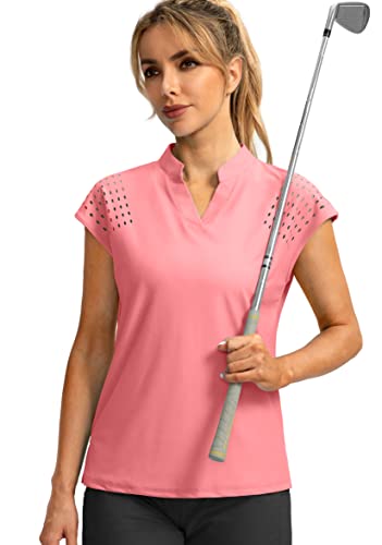 Soothfeel Women's Golf Shirt Cap Sleeve V Neck Polo Shirts Lightweight Quick Dry Workout Tennis Shirts Tops for Women(Light Orange, M)