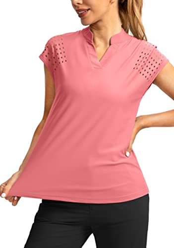 Soothfeel Women's Golf Shirt Cap Sleeve V Neck Polo Shirts Lightweight Quick Dry Workout Tennis Shirts Tops for Women(Light Orange, M)