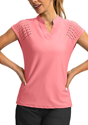 Soothfeel Women's Golf Shirt Cap Sleeve V Neck Polo Shirts Lightweight Quick Dry Workout Tennis Shirts Tops for Women(Light Orange, M)