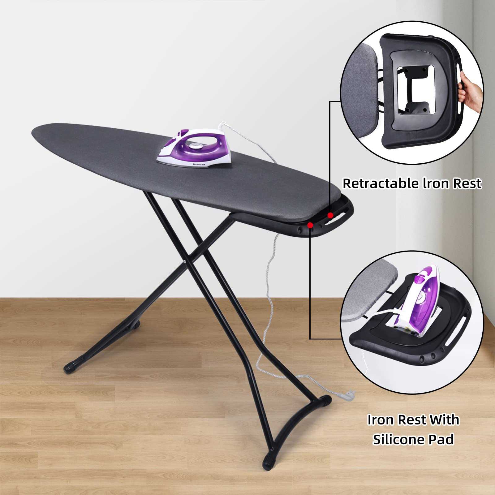 Duwee 17"x48" Steel Top Extra Wide Ironing Board with Retractable Iron Rest, Adjustable Height,Foldable Ironing Boards with 10 mm Thicken Feltpad and Cover,Heavy Duty Legs