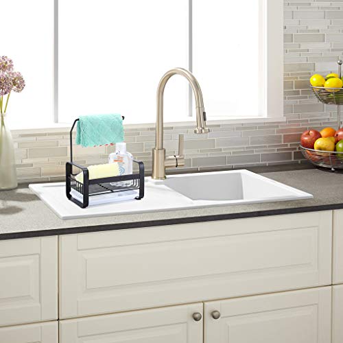 JUXYES Stainless Steel Sponge Holder with Dishcloth Drying Rack, Kitchen Sink Organizer Caddy Tray Sponge Brush Soap Holder with Removable Drain Tray for Kitchen (S, Black)