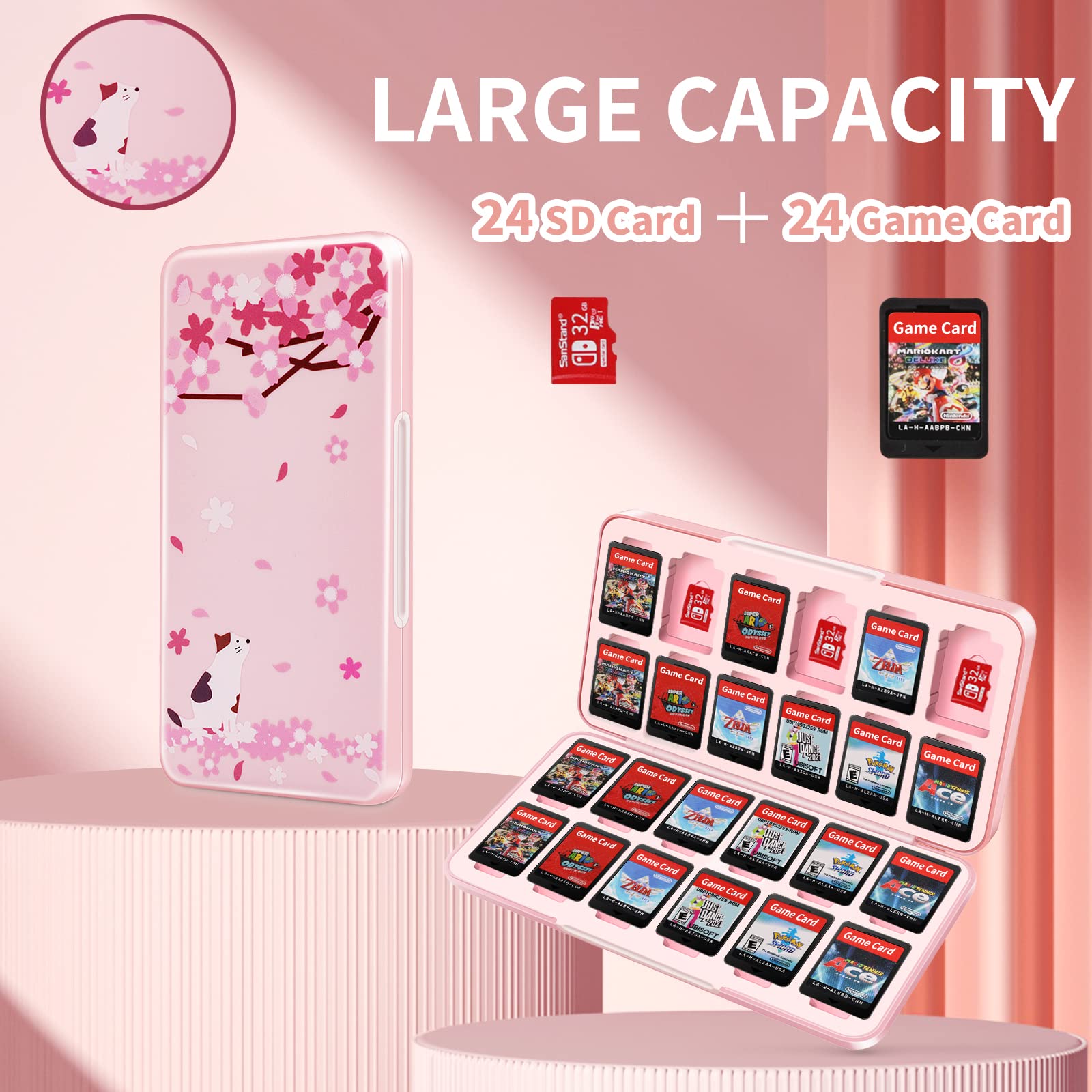 OLDZHU Cute Switch Case Holder Compatible with Nintendo Switch&Switch OLED, Pink Storage for 24 Game Cartridges and 24 Micro SD Cards