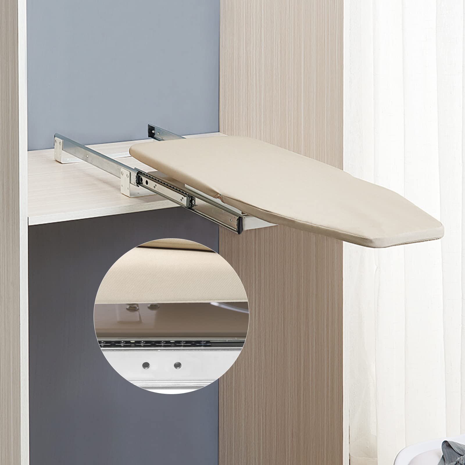 Closet Pull-Out Ironing Board 31.9" X 12.2" Buit-in Iron Board Mini Ironing Board Stow Away in The Cabinet 180° Rotation for Small Spaces | with Cotton Ironing Board Cover | Beige (US Stock)