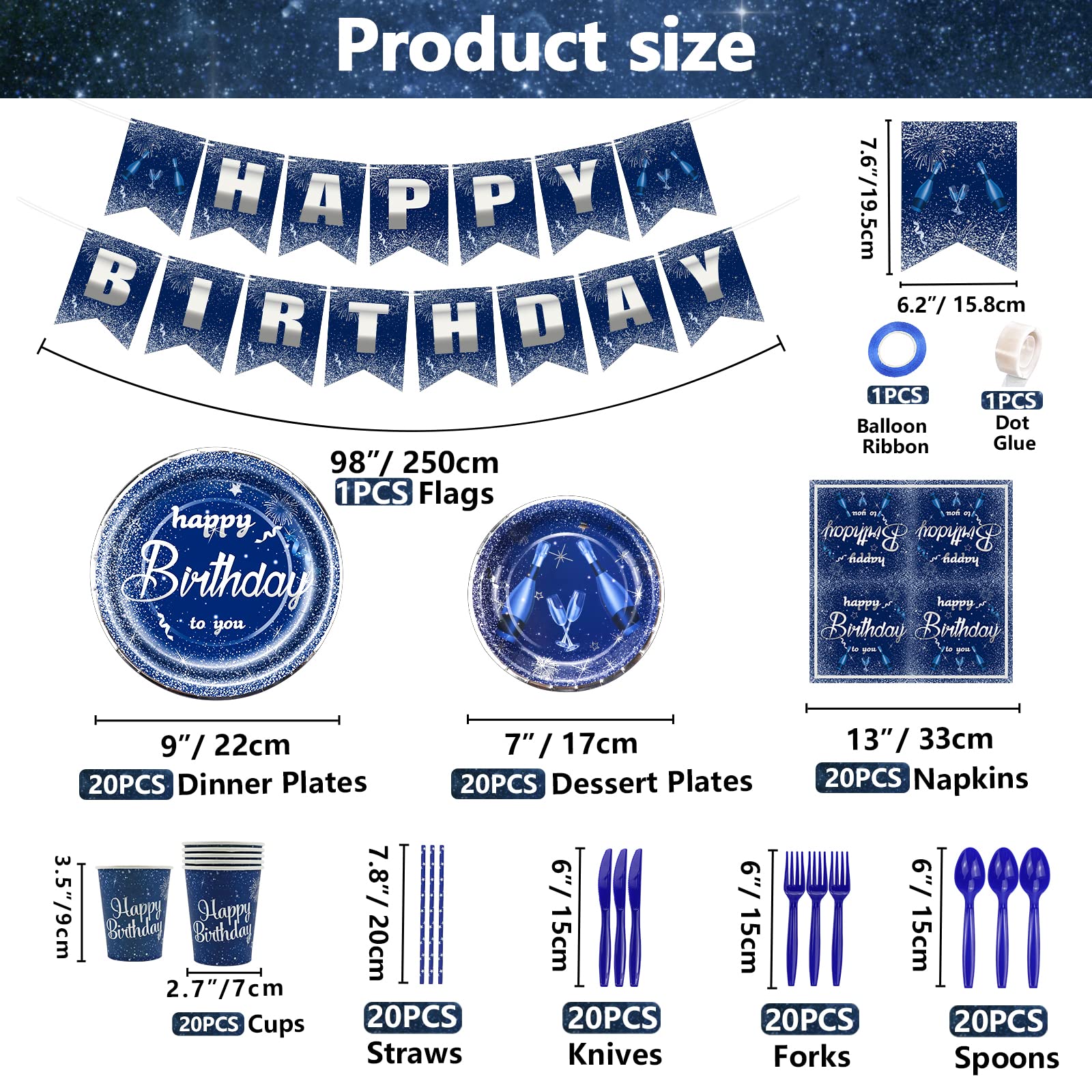 Navy Blue and Silver Birthday Supplies, Blue Birthday Party Decorations for Men, Women, Includes Happy Birthday Banner, Tablecloth, Plates, Napkins, Cups and Straws, Serves 20 Guest