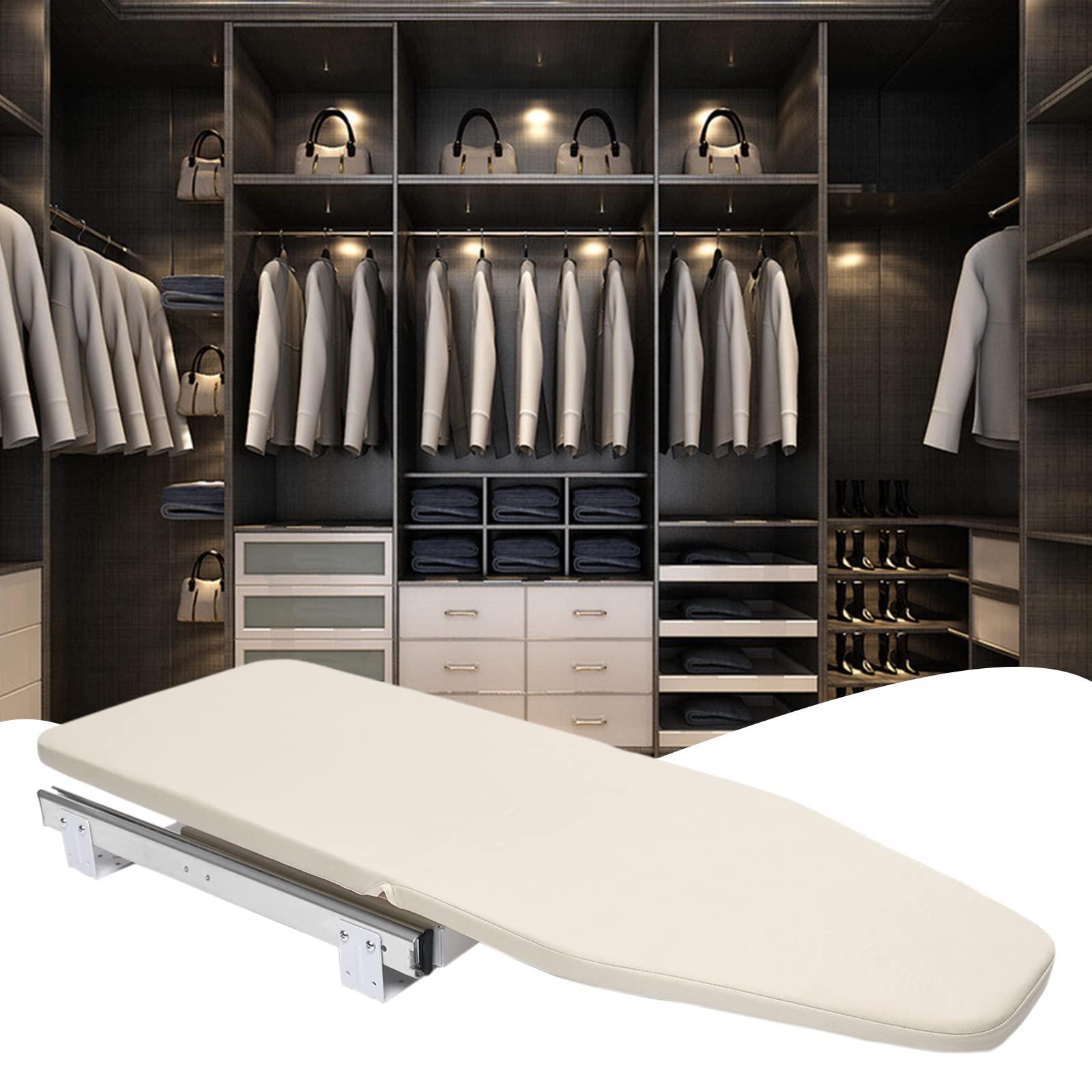 Closet Pull-Out Ironing Board 31.9" X 12.2" Buit-in Iron Board Mini Ironing Board Stow Away in The Cabinet 180° Rotation for Small Spaces | with Cotton Ironing Board Cover | Beige (US Stock)