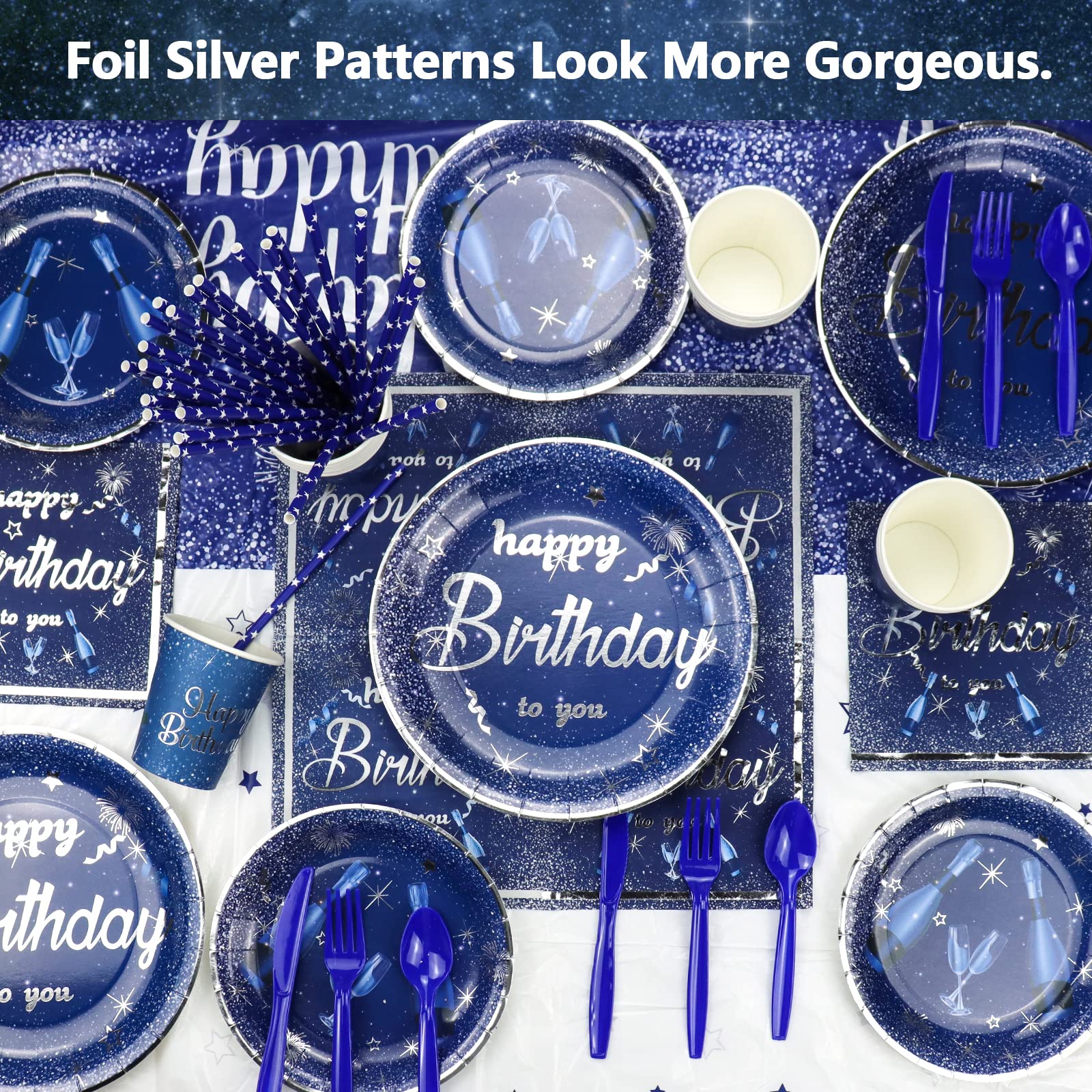 Navy Blue and Silver Birthday Supplies, Blue Birthday Party Decorations for Men, Women, Includes Happy Birthday Banner, Tablecloth, Plates, Napkins, Cups and Straws, Serves 20 Guest