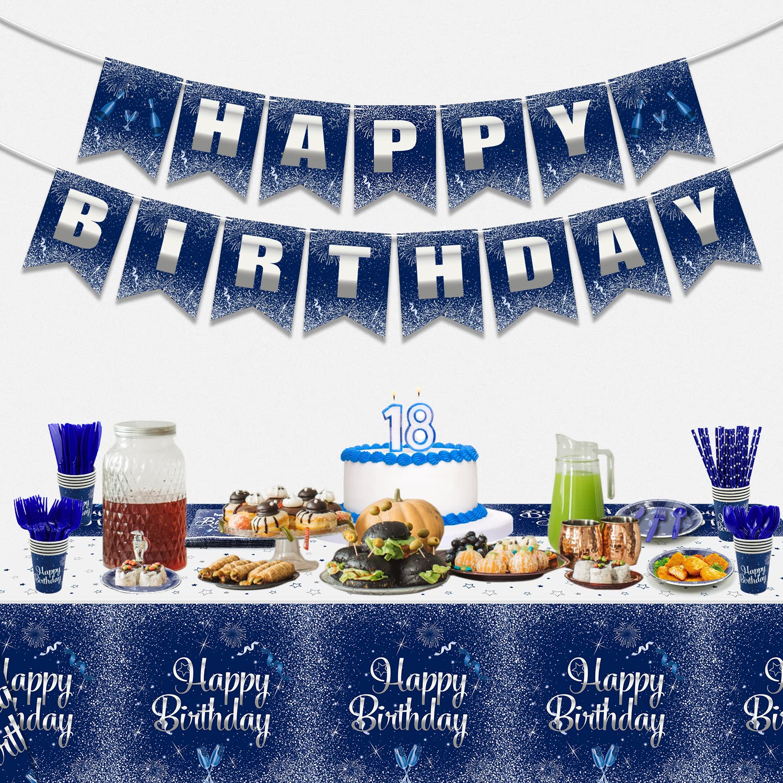 Navy Blue and Silver Birthday Supplies, Blue Birthday Party Decorations for Men, Women, Includes Happy Birthday Banner, Tablecloth, Plates, Napkins, Cups and Straws, Serves 20 Guest