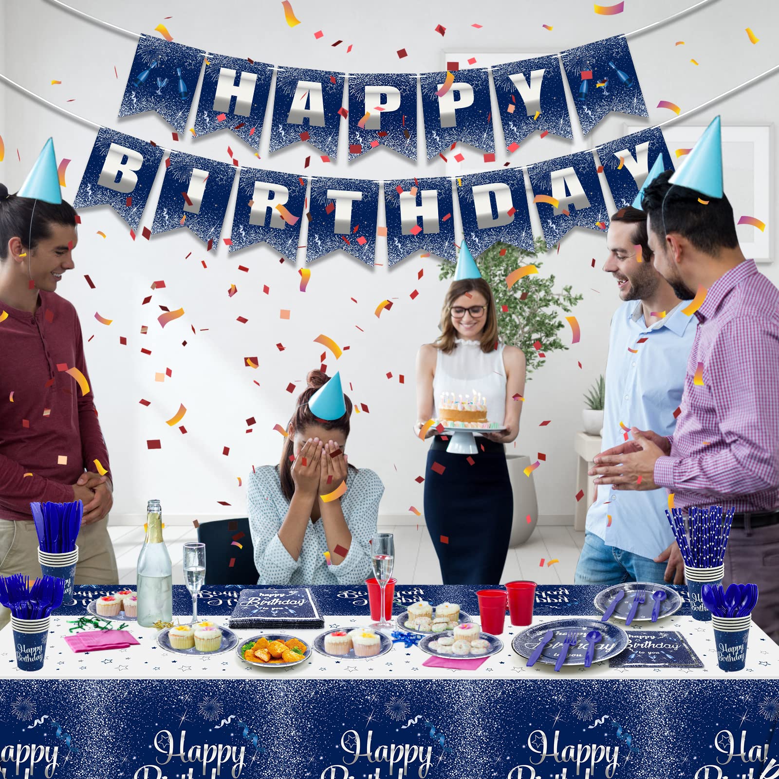 Navy Blue and Silver Birthday Supplies, Blue Birthday Party Decorations for Men, Women, Includes Happy Birthday Banner, Tablecloth, Plates, Napkins, Cups and Straws, Serves 20 Guest