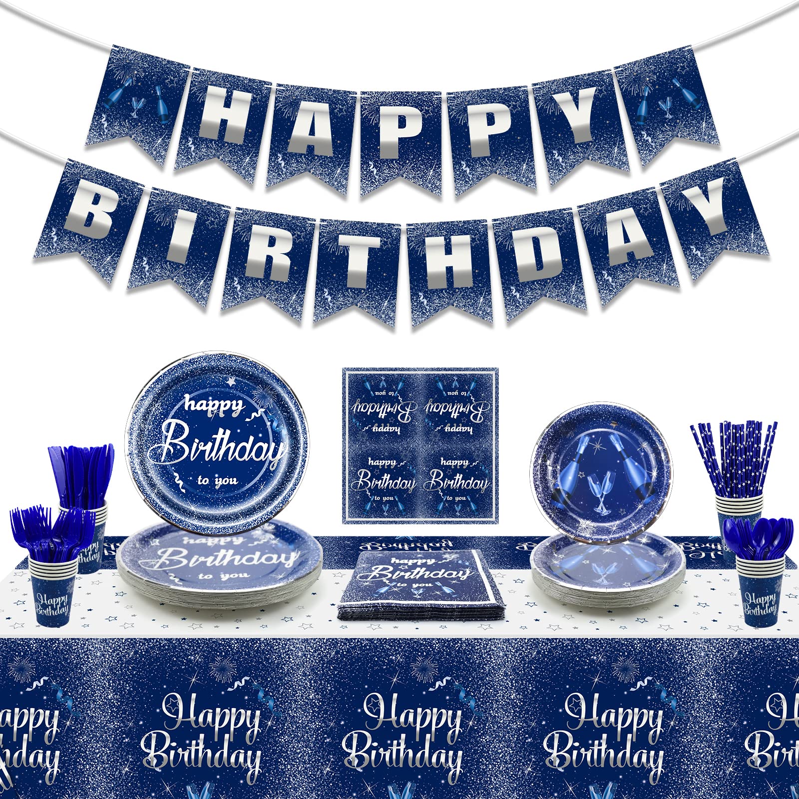 Navy Blue and Silver Birthday Supplies, Blue Birthday Party Decorations for Men, Women, Includes Happy Birthday Banner, Tablecloth, Plates, Napkins, Cups and Straws, Serves 20 Guest