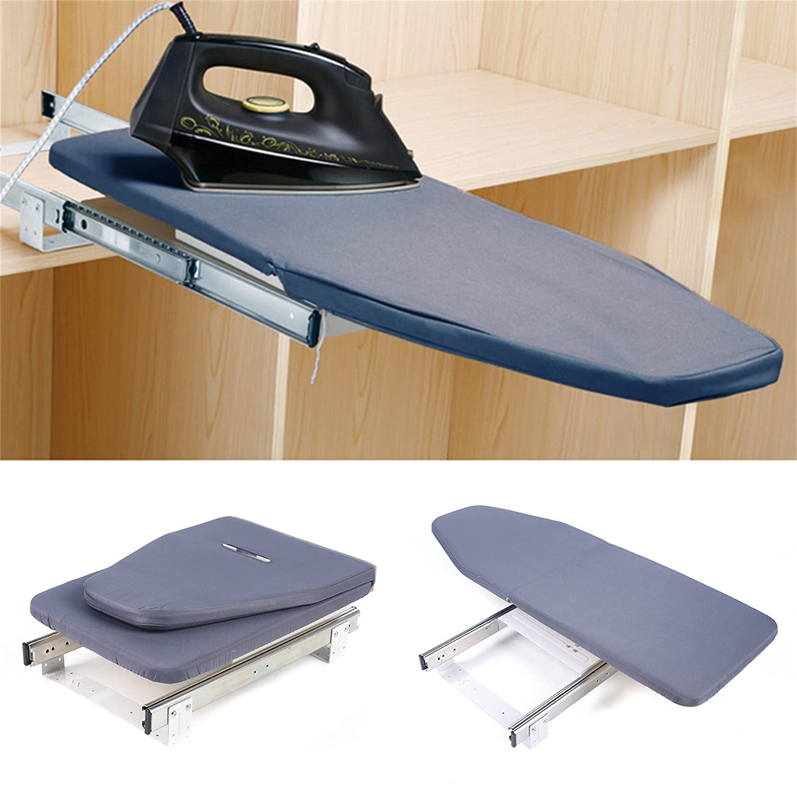 Closet Pull-Out Ironing Board 31.9" X 12.2" Retractable Iron Board Mini Ironing Board Stow Away in The Cabinet 180° Rotation for Small Spaces | with Cotton Ironing Board Cover | Grey (US Stock)
