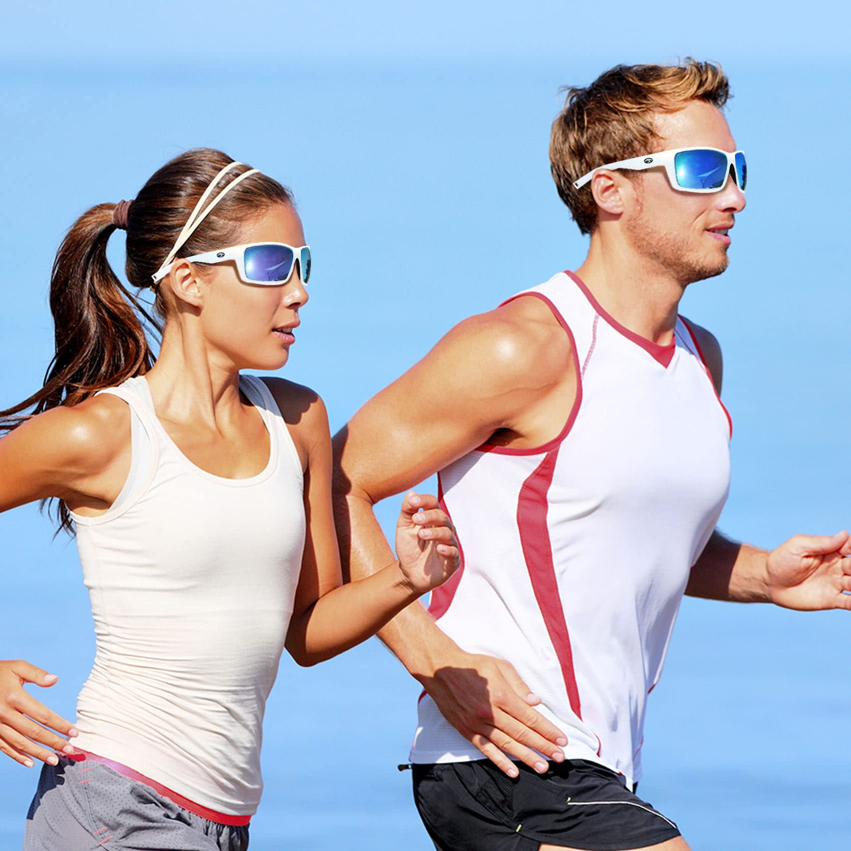 Konlley Sport Polarized Sunglasses UV Protection for Men and Women, Running Fishing Rectangle Sunglasses with White Frame