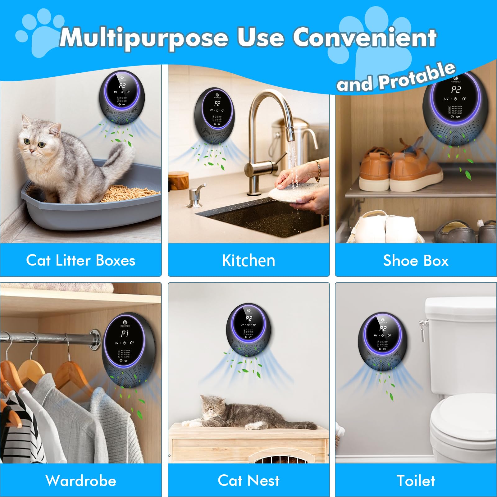 Advanced Cat Deodorizer for Litter Box, 99% Pets Odor Eliminator with 10000mAh Battery, Portable & Rechargeable Purifiers Deodorizer for Pets Litter Box Room Wardrobe Shoe Cabinet Toilet