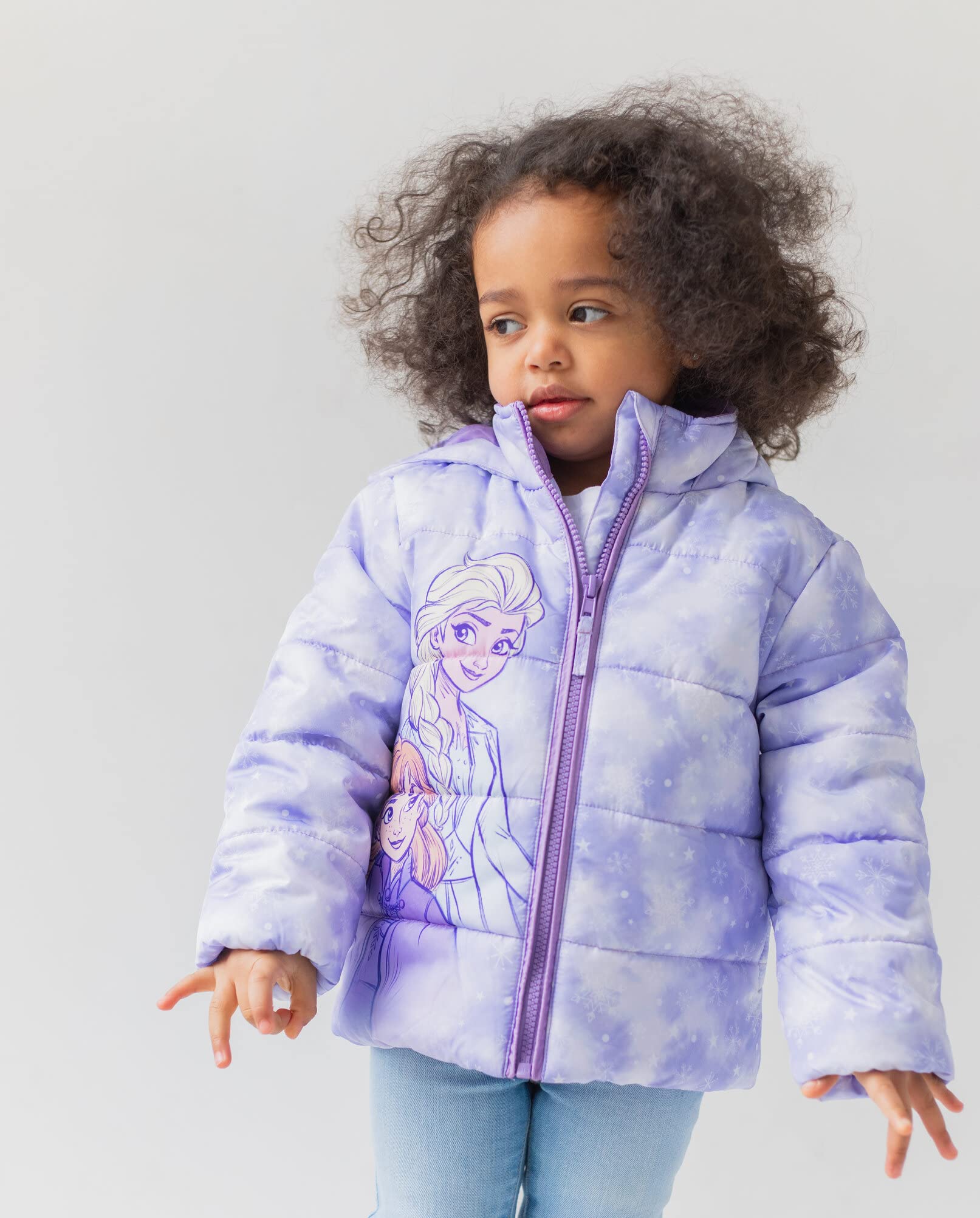 Disney Frozen Princess Anna Elsa Little Girls Zip Up Puffer Jacket Purple 7-8