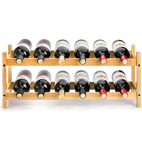 Nicunom Wine Rack Countertop, 2-Tier 12 Bottles Bamboo Wine Storage Rack, Wine Bottle Holder, Wine Display Shelf, Free Standing Wine Storage for Home, Pantry, Cabinet and Bar