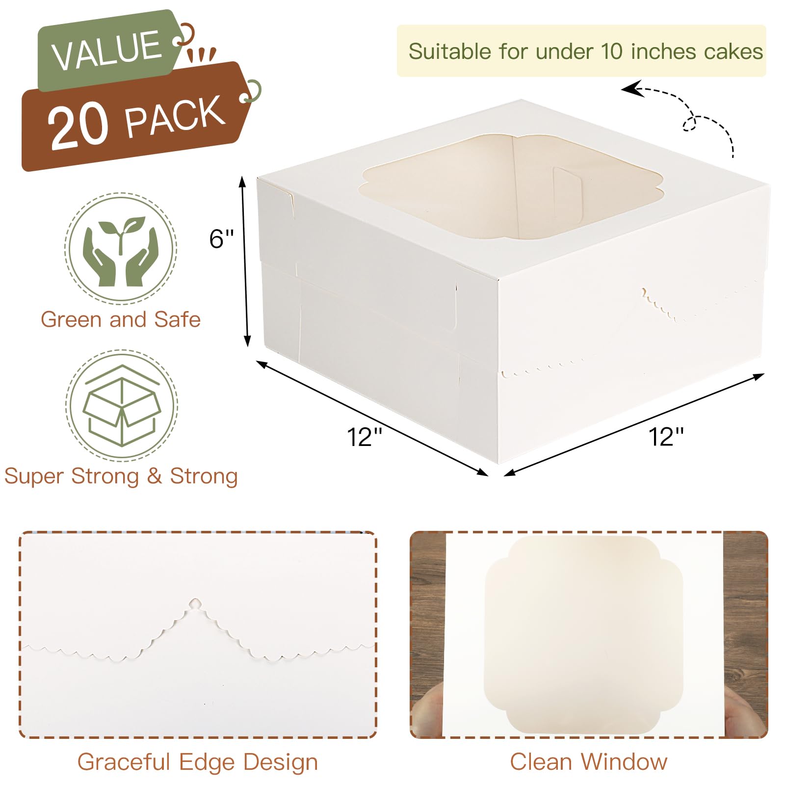 TOMNK 20pcs Cake Boxes, 12x12x6Inch White Bakery Boxes with Window, Disposable Cake Caddy Carrier Container for Valentine's Day, Mother's Day, Pie Pastries Cookies Cakes