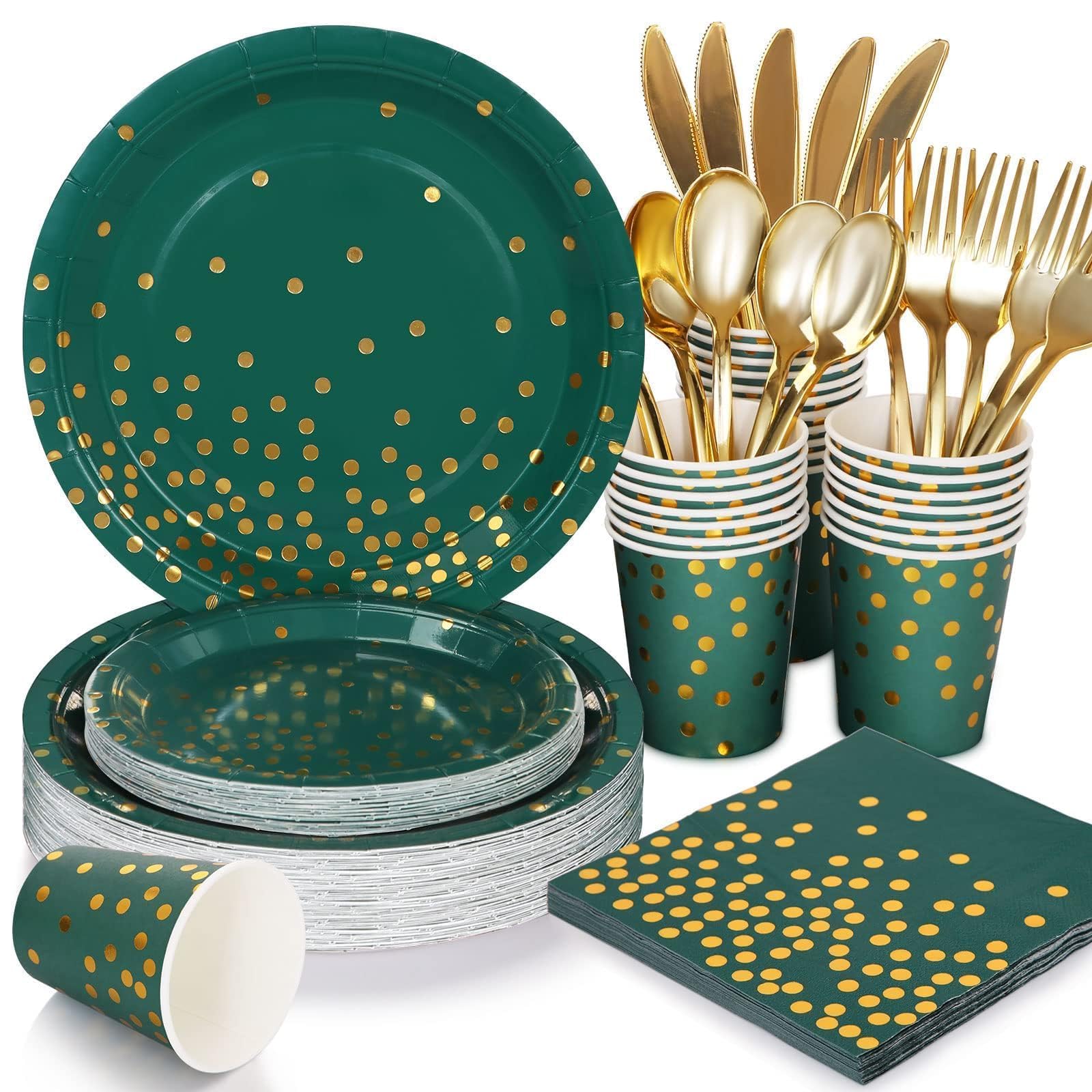 175Pcs Green Plates and Napkins Party Supplies, Green and Gold Party Decorations for Party, Birthday Graduation Party Decorations Serve 25