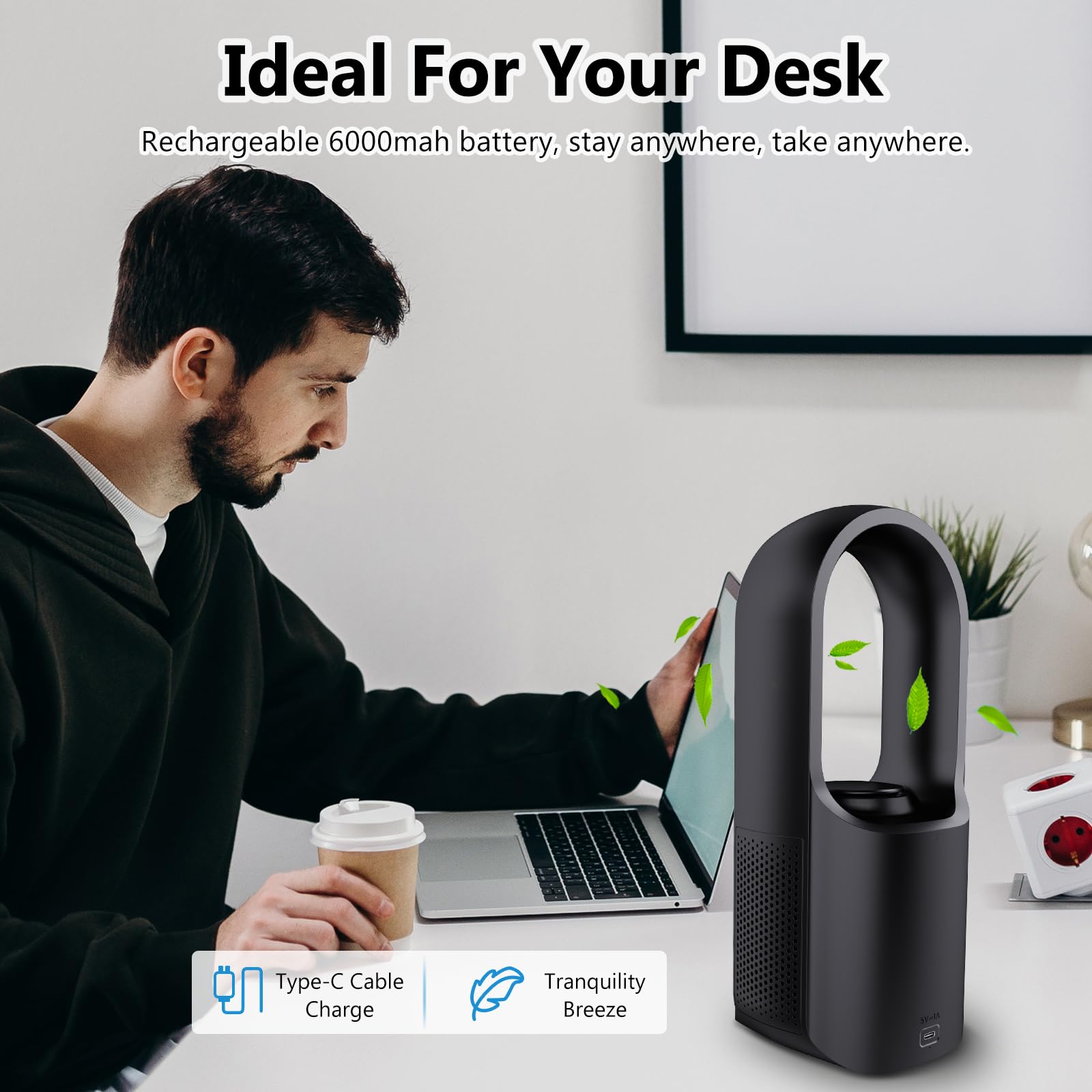 CONBOLA Desk Fan Portable, Aromatherapy Function, Battery Operated Lasting 17 Hours,11.8 Inch Tower Fan with 3speeds, Quiet Cooling,Standing Floor Fans for Office, Home, House (Black)
