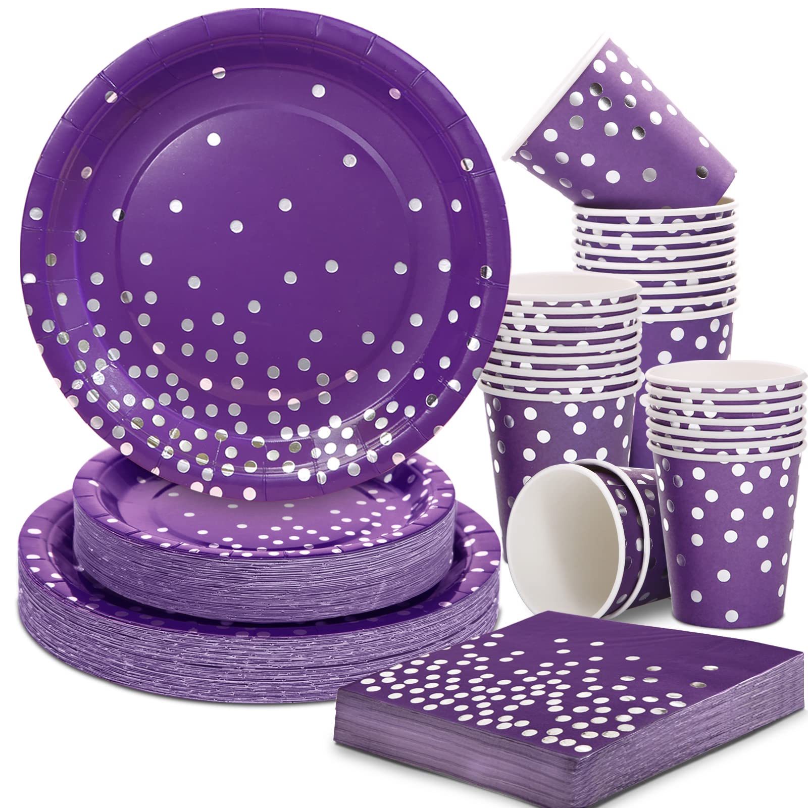 Gudvilla 200PCS Purple Party Decorations Purple Plates and Napkins Party Supplies Silver Dot Disposable Party Dinnerware for Birthday,Graduation,Baby Shower,Bridal Shower Serves 50 Guests