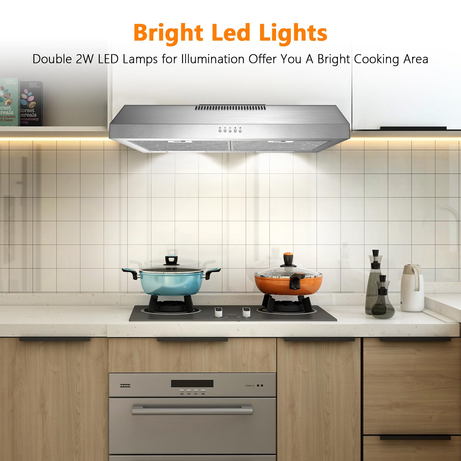 Upgraded 600 CFM Range Hood 30 inch, Under Cabinet Range Hood for Duct/Ductless Convertible, Stainless Steel Kitchen Stove Vent with 3 Speed Kitchen Exhaust Fan and Two Bright Energy-Saving LED