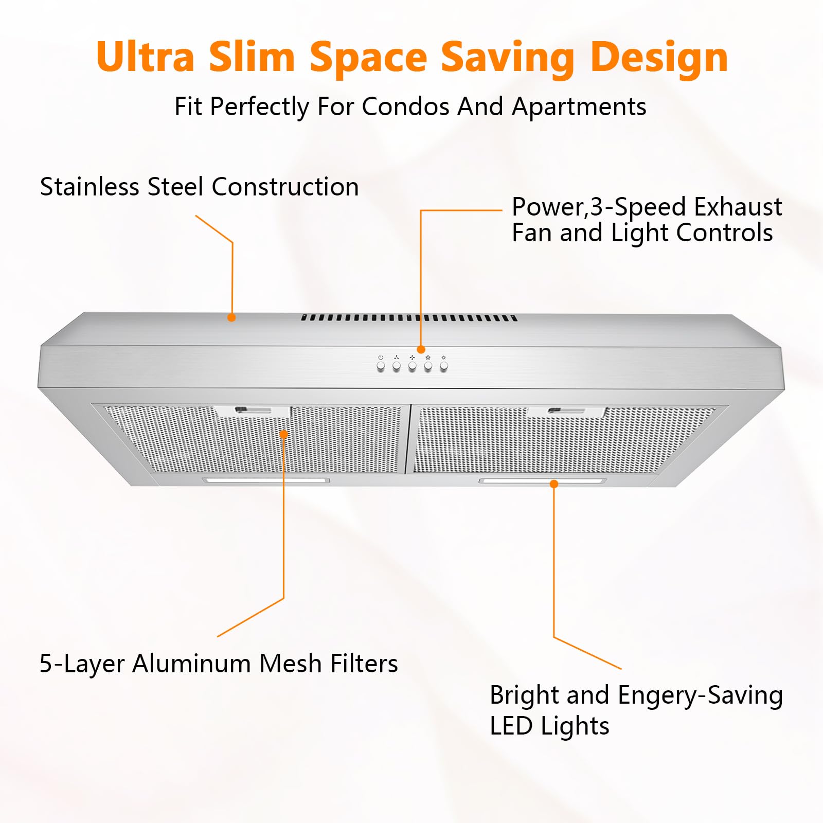 Upgraded 600 CFM Range Hood 30 inch, Under Cabinet Range Hood for Duct/Ductless Convertible, Stainless Steel Kitchen Stove Vent with 3 Speed Kitchen Exhaust Fan and Two Bright Energy-Saving LED