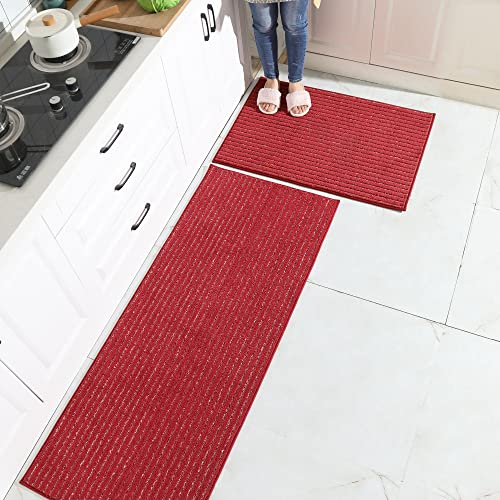 BEQHAUSE Red Kitchen Rugs Set of 2 Non-Slip Kitchen Runner Rug Washable Kitchen Mats for Floor Absorbent Soft Standing Mats for Kitchen,Laundry,Hallway&Sink 20”x30”+20”x48”