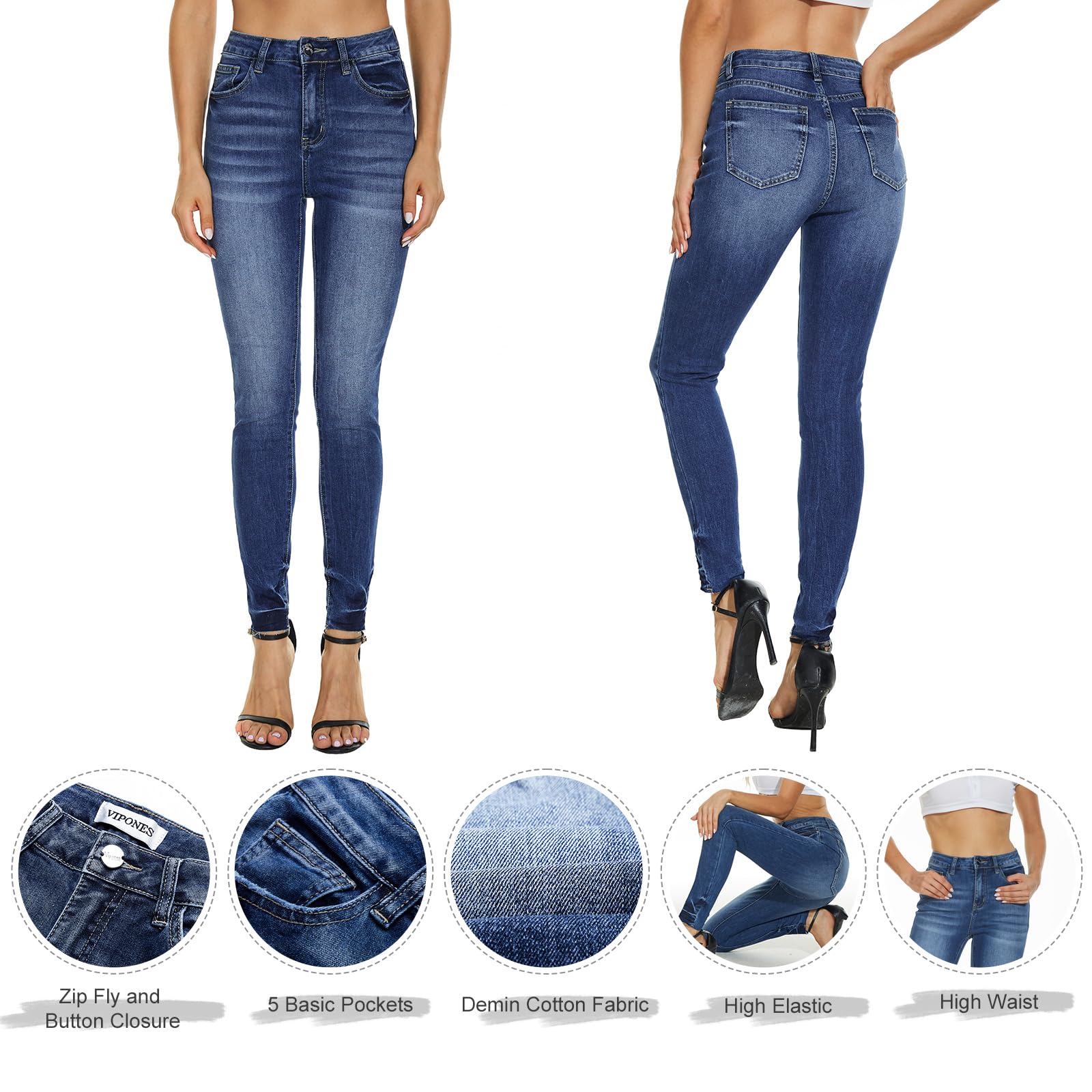 VIPONES Women's Skinny Jeans Stretchy High Rise Tummy Control Trendy Jeggings Denim Pants with Pocket(145, Size 12)