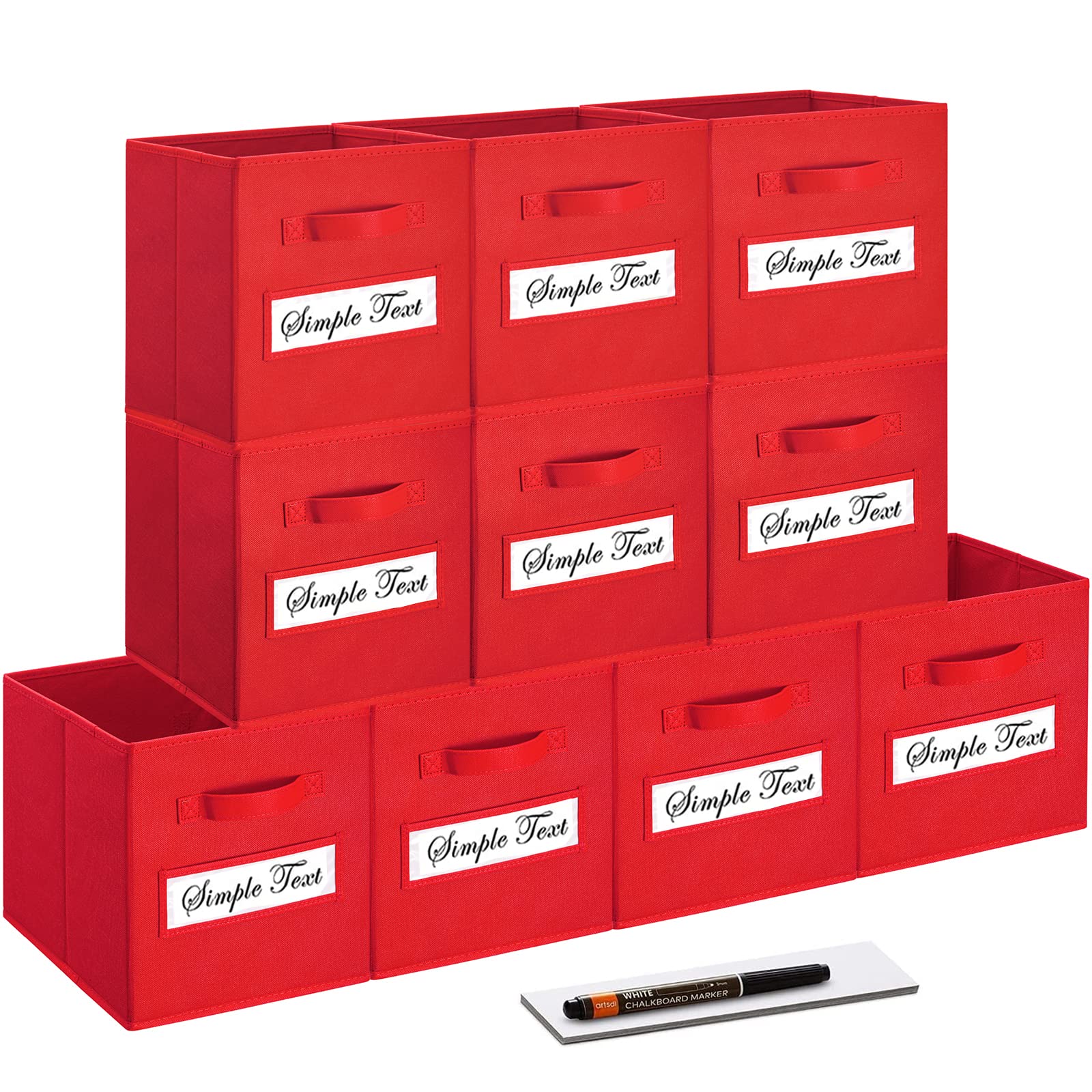 artsdi 11 Inch Storage Cube,Storage bin,cube storage (Set of 10) Foldable Fabric Cube Storage Bins with 10 Labels Window Cards & a Pen,Baskets Containers for Shelves,Closet Organizers Box,Red