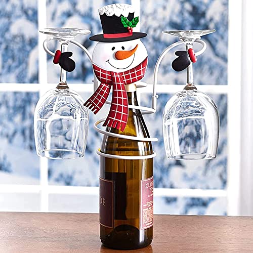 Christmas Holiday Wine Bottle Glass Holders, Christmas Decoration Racks, Snowman Santa Gnome Organizer Rack, 1 Wine Bottle and 2 Glasses Home Kitchen Desktop (Snowman)