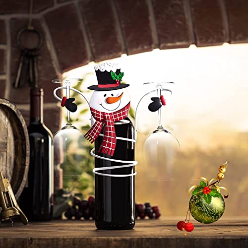 Christmas Holiday Wine Bottle Glass Holders, Christmas Decoration Racks, Snowman Santa Gnome Organizer Rack, 1 Wine Bottle and 2 Glasses Home Kitchen Desktop (Snowman)