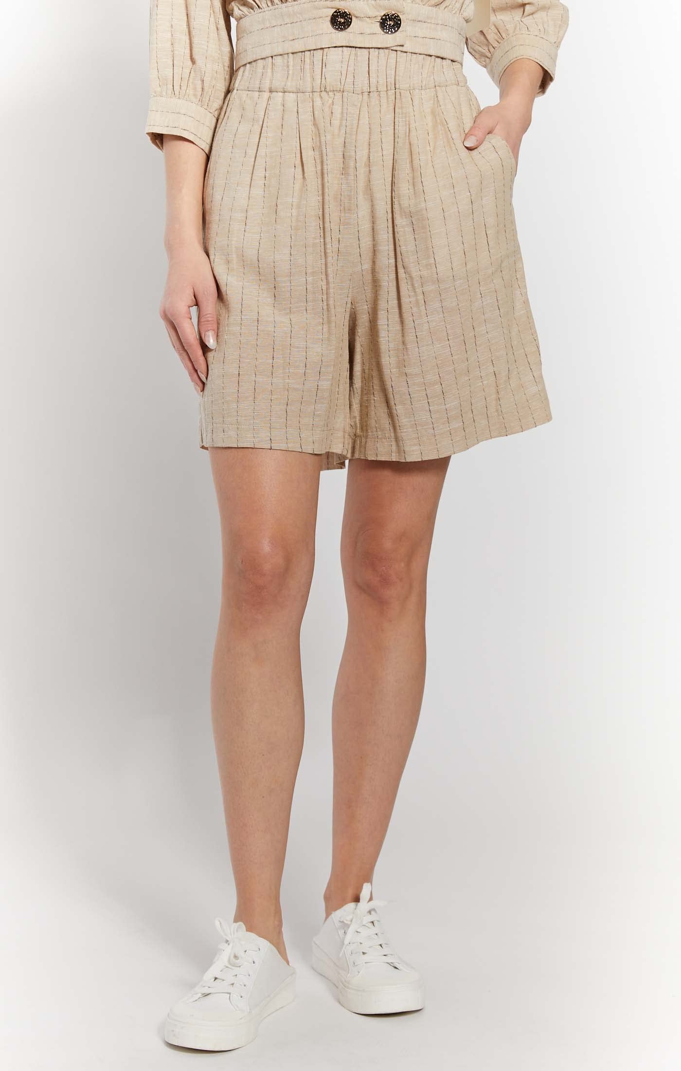 O A T NEW YORK Women's High Rise Pull On Bermuda Shorts with Elastic Waistband and Functional Pockets, Beige/Brown Stripe, Large