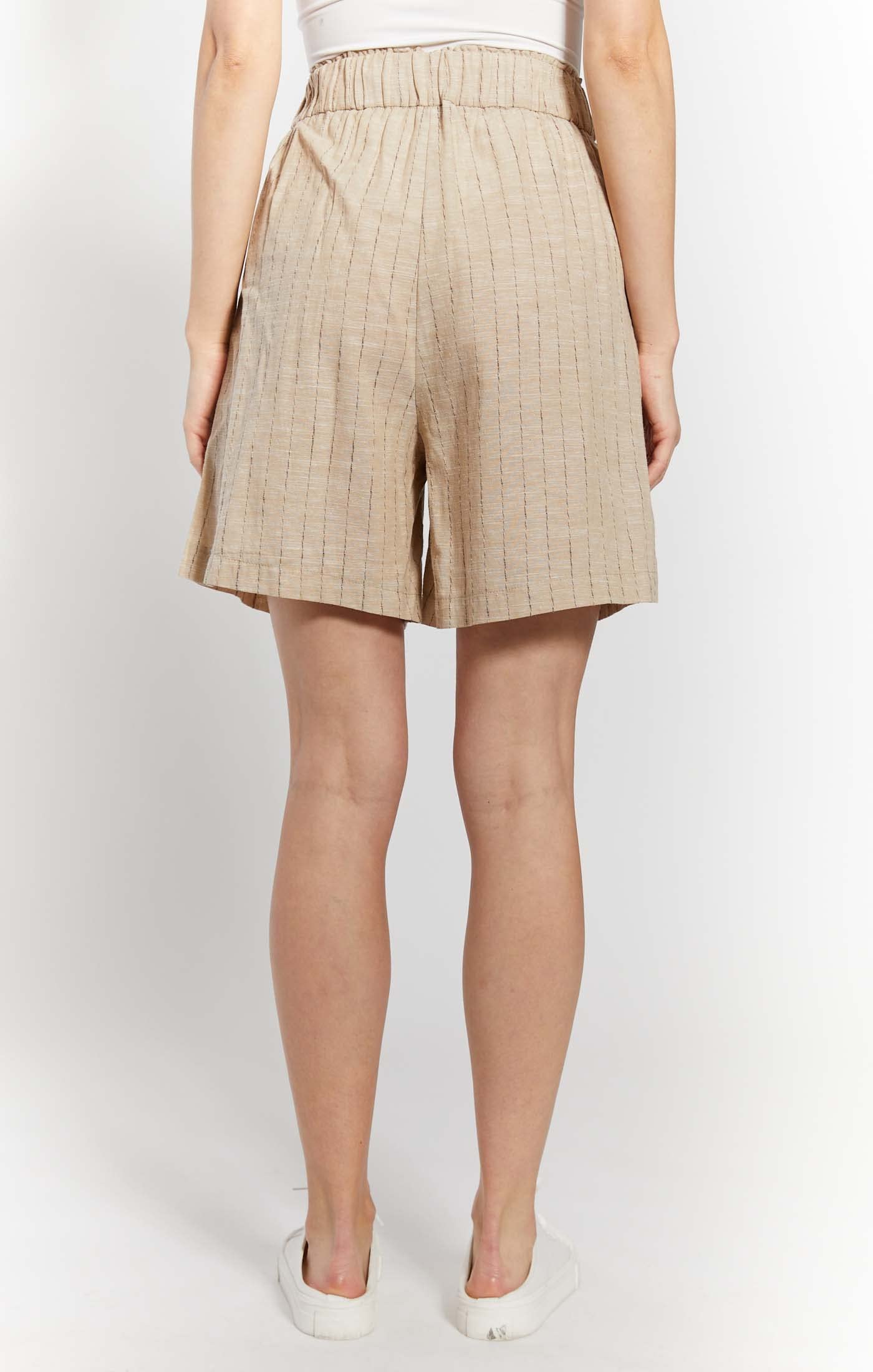 O A T NEW YORK Women's High Rise Pull On Bermuda Shorts with Elastic Waistband and Functional Pockets, Beige/Brown Stripe, Large