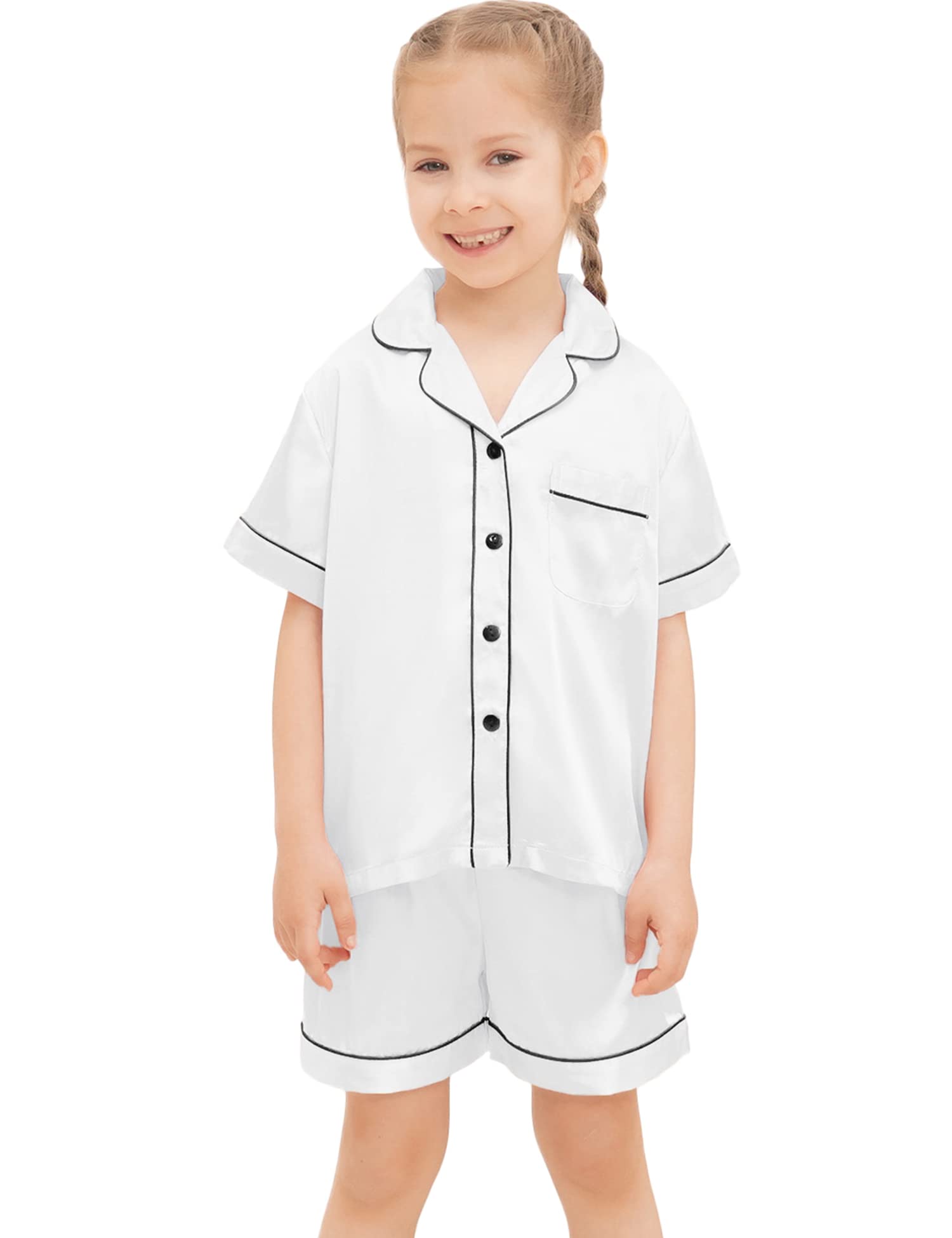 SWOMOG Toddler Girls Boys Silk Pj Cute Short Sleeve Button-Down Pajamas Set Nightwear Lounge Sets with Shorts White