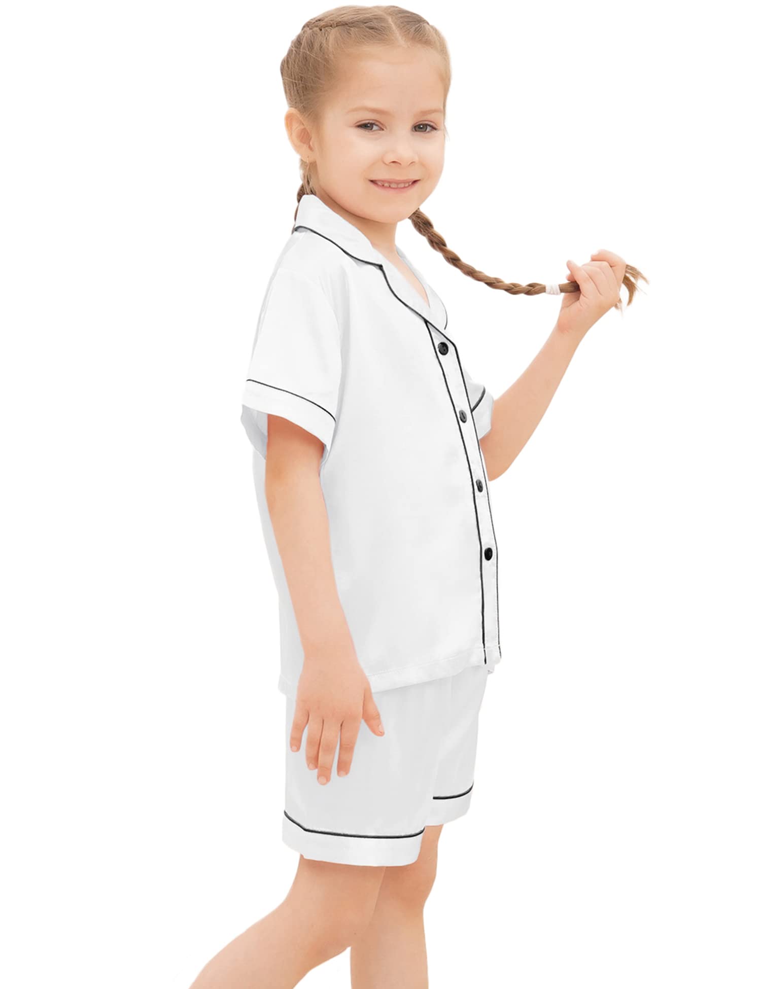 SWOMOG Toddler Girls Boys Silk Pj Cute Short Sleeve Button-Down Pajamas Set Nightwear Lounge Sets with Shorts White