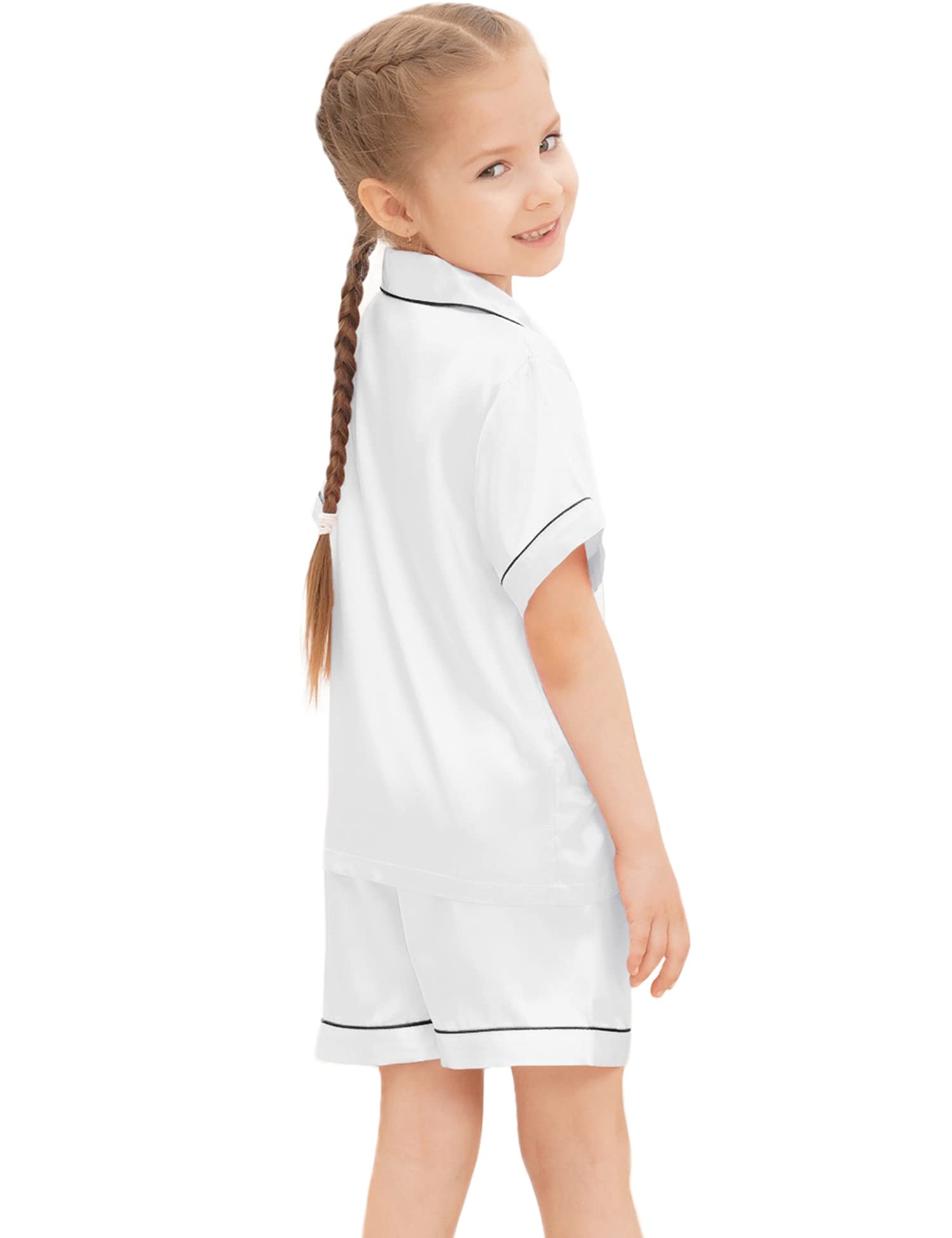SWOMOG Toddler Girls Boys Silk Pj Cute Short Sleeve Button-Down Pajamas Set Nightwear Lounge Sets with Shorts White