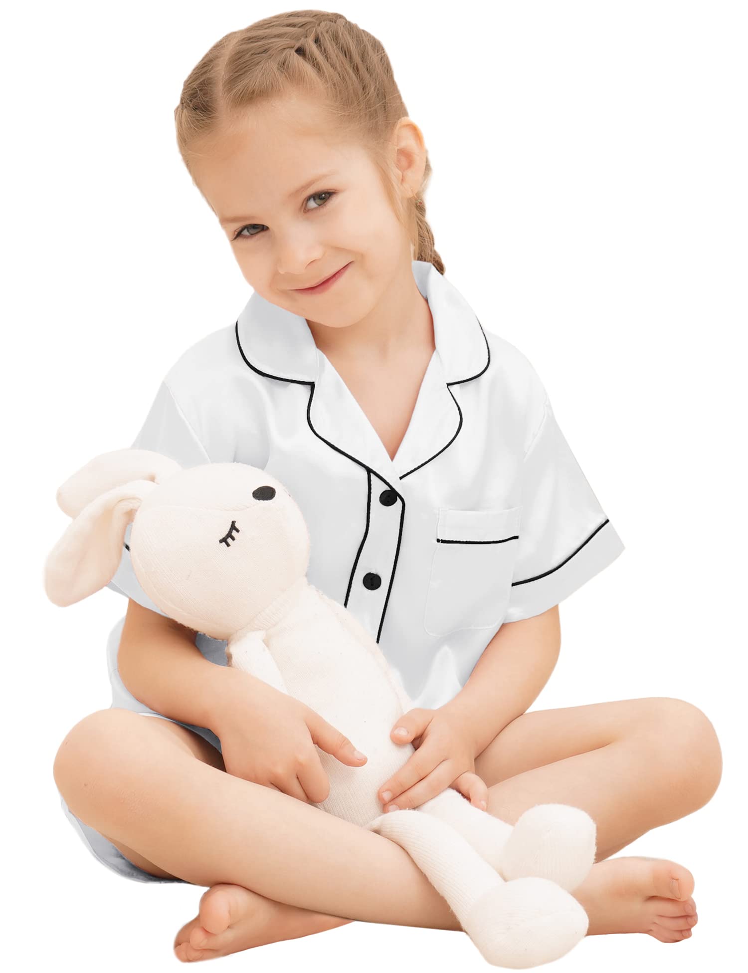 SWOMOG Toddler Girls Boys Silk Pj Cute Short Sleeve Button-Down Pajamas Set Nightwear Lounge Sets with Shorts White