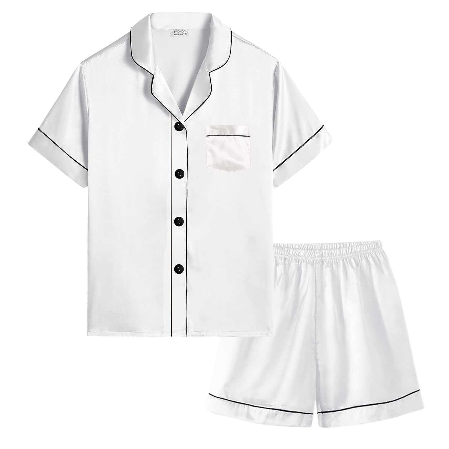 SWOMOG Toddler Girls Boys Silk Pj Cute Short Sleeve Button-Down Pajamas Set Nightwear Lounge Sets with Shorts White