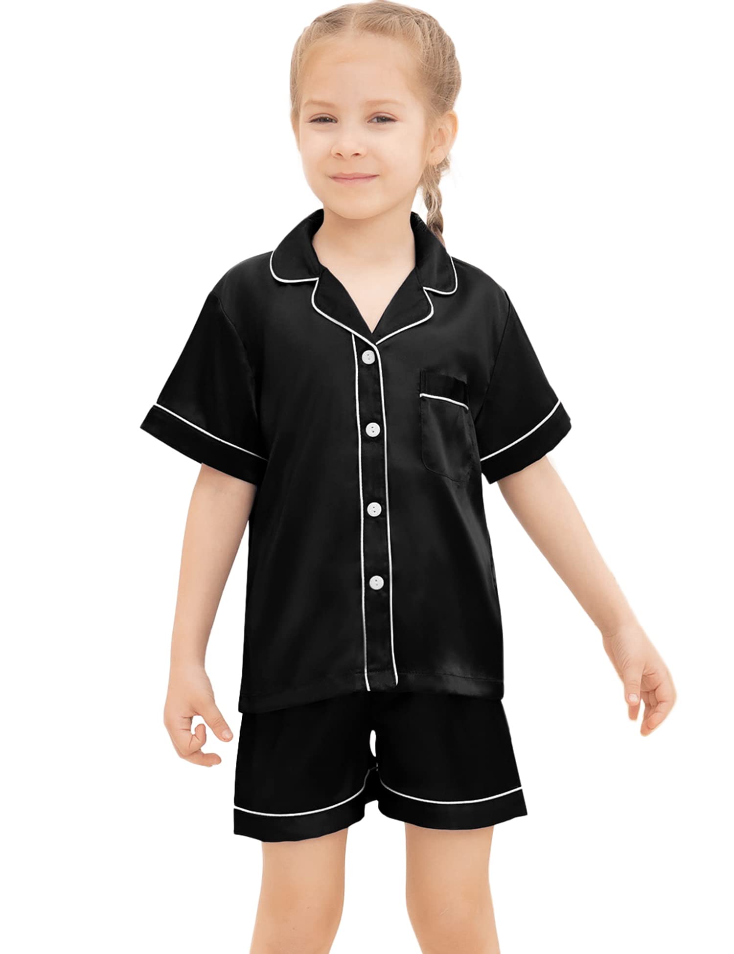SWOMOG Kids Silk Satin Pajamas Set Girls Boys Button-Down Sleepwear Short Sleeve 2 Piece PJs Sets Lounge Sets Black 120 CM