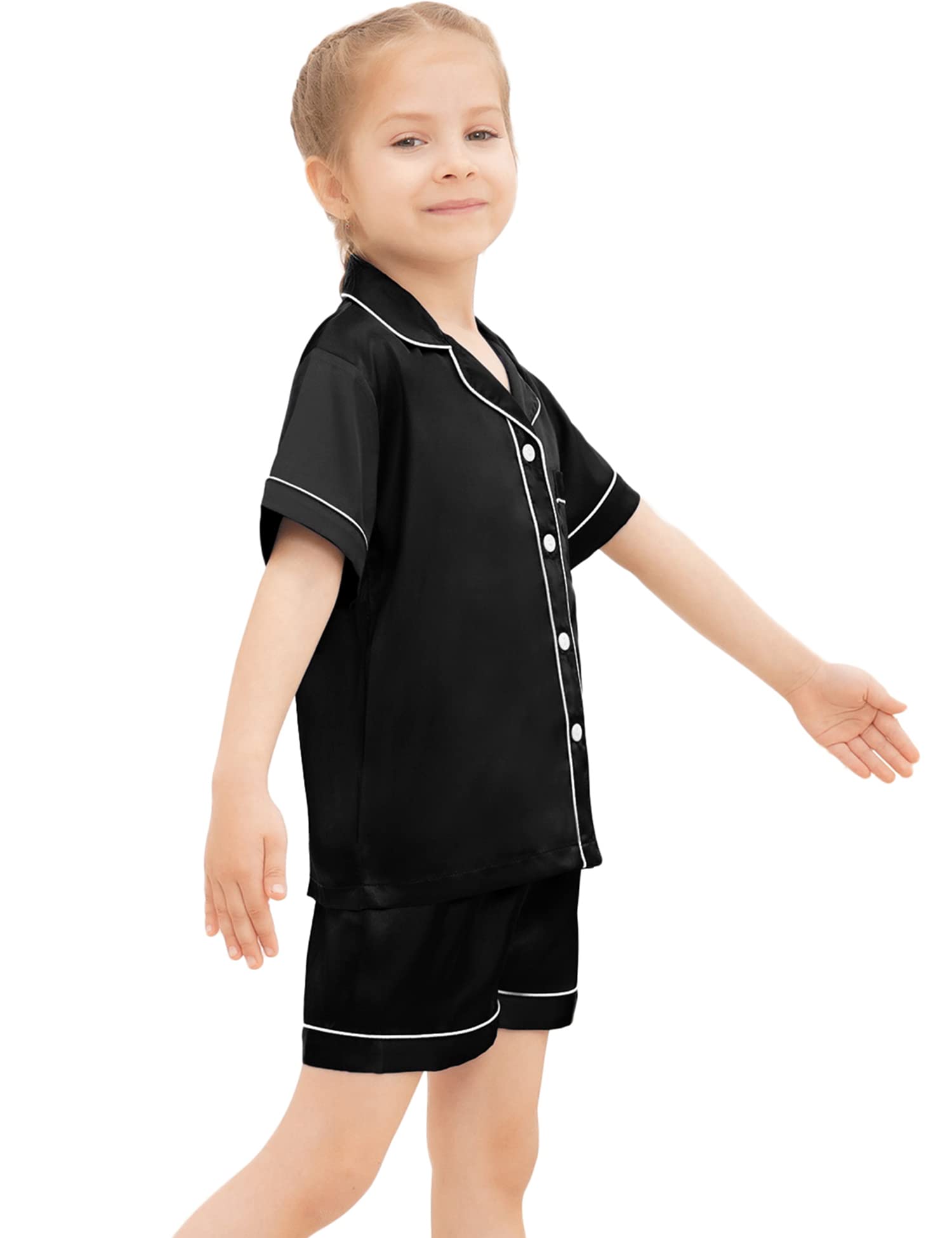 SWOMOG Kids Silk Satin Pajamas Set Girls Boys Button-Down Sleepwear Short Sleeve 2 Piece PJs Sets Lounge Sets Black 120 CM