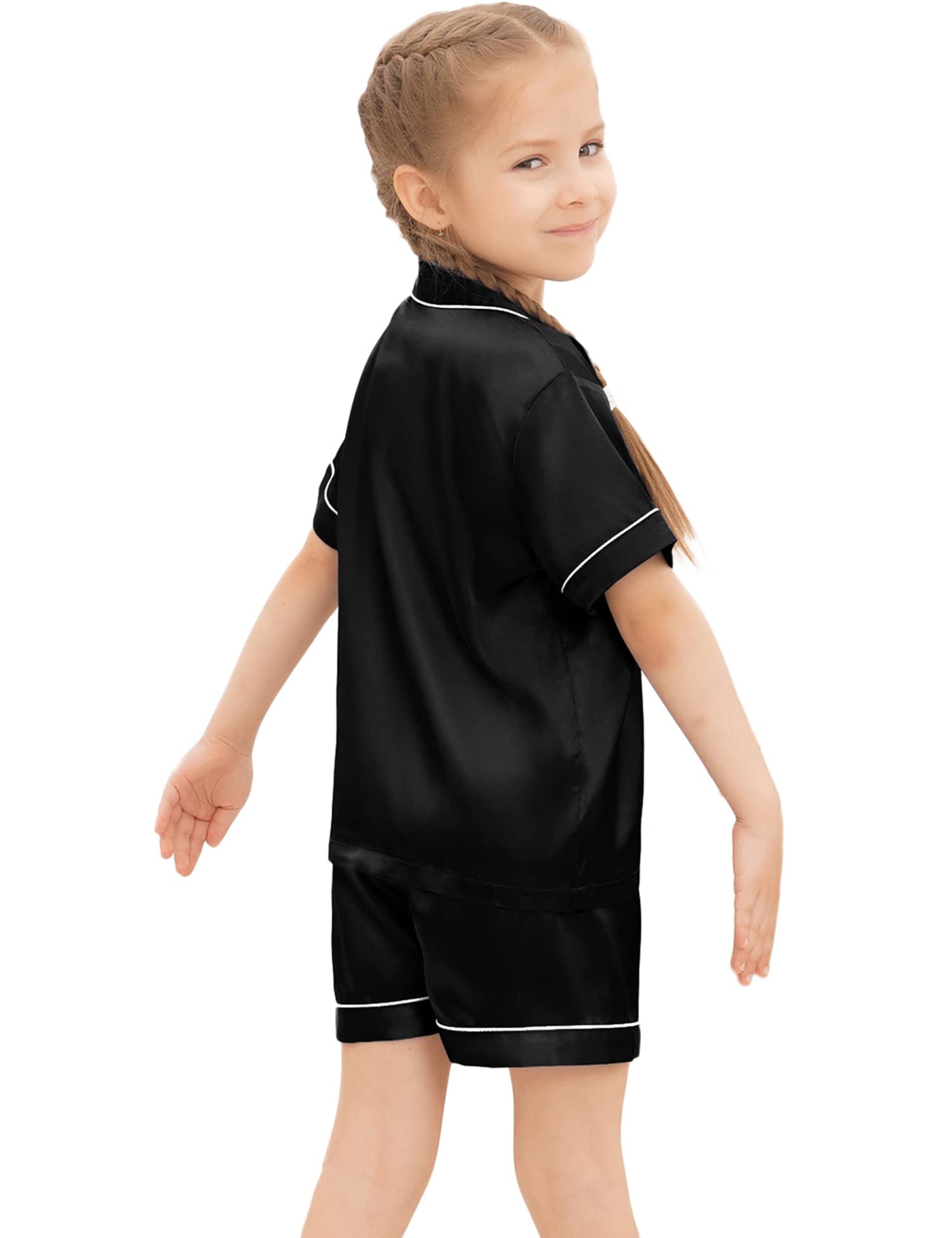 SWOMOG Kids Silk Satin Pajamas Set Girls Boys Button-Down Sleepwear Short Sleeve 2 Piece PJs Sets Lounge Sets Black 120 CM